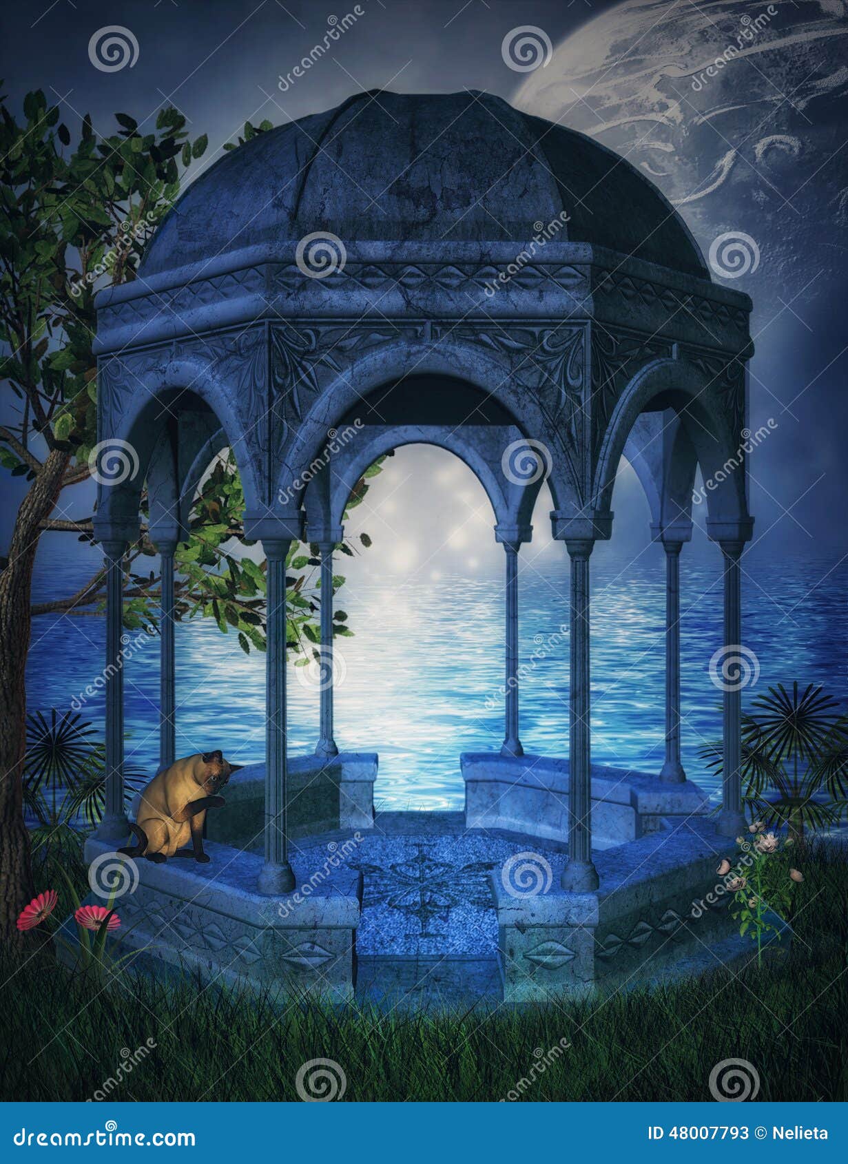 Fantasy gazebo with moon stock illustration. Illustration of fairytale ...