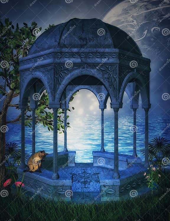 Fantasy gazebo with moon stock illustration. Illustration of fairytale ...