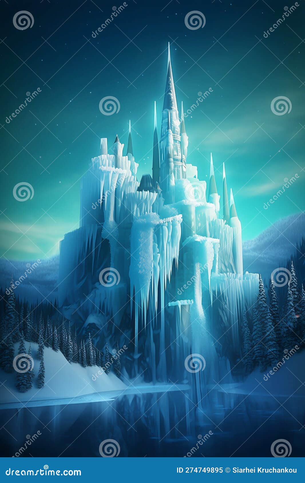 Fantasy Glowing Ice Castle in Mountain Landscape Stock Illustration ...