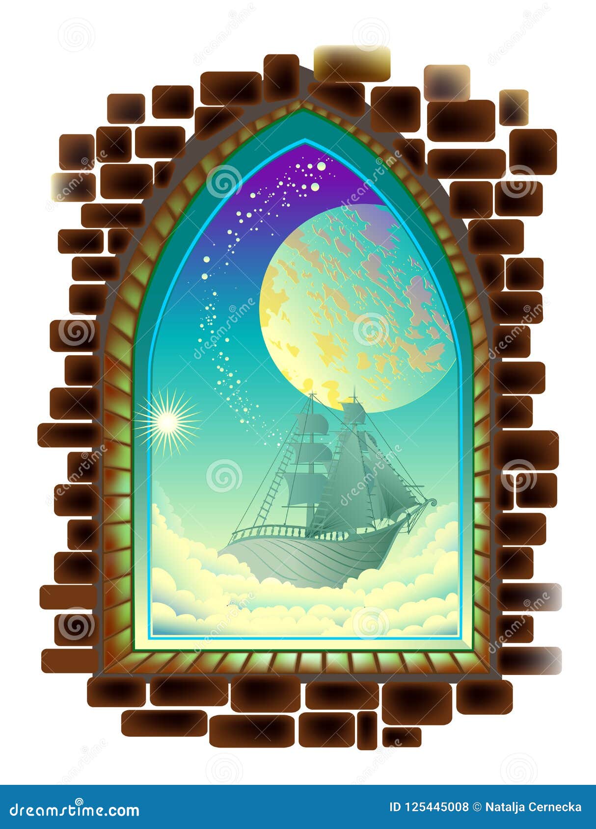 Fantasy Gothic Window With Fairyland Space View. Vector Cartoon Image ...