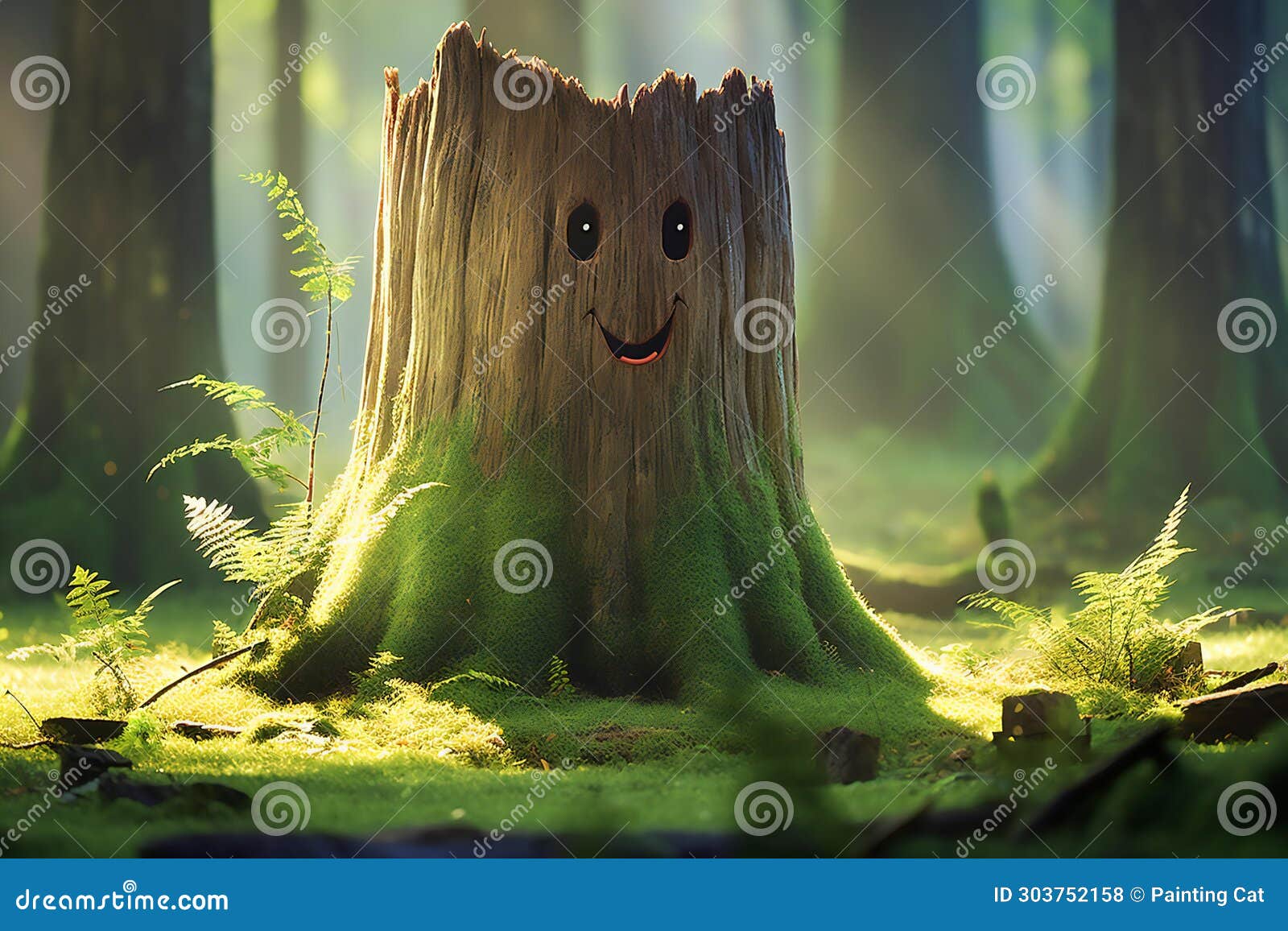 Fantasy Green Forest with a Smiley Face on a Tree Stump Stock ...