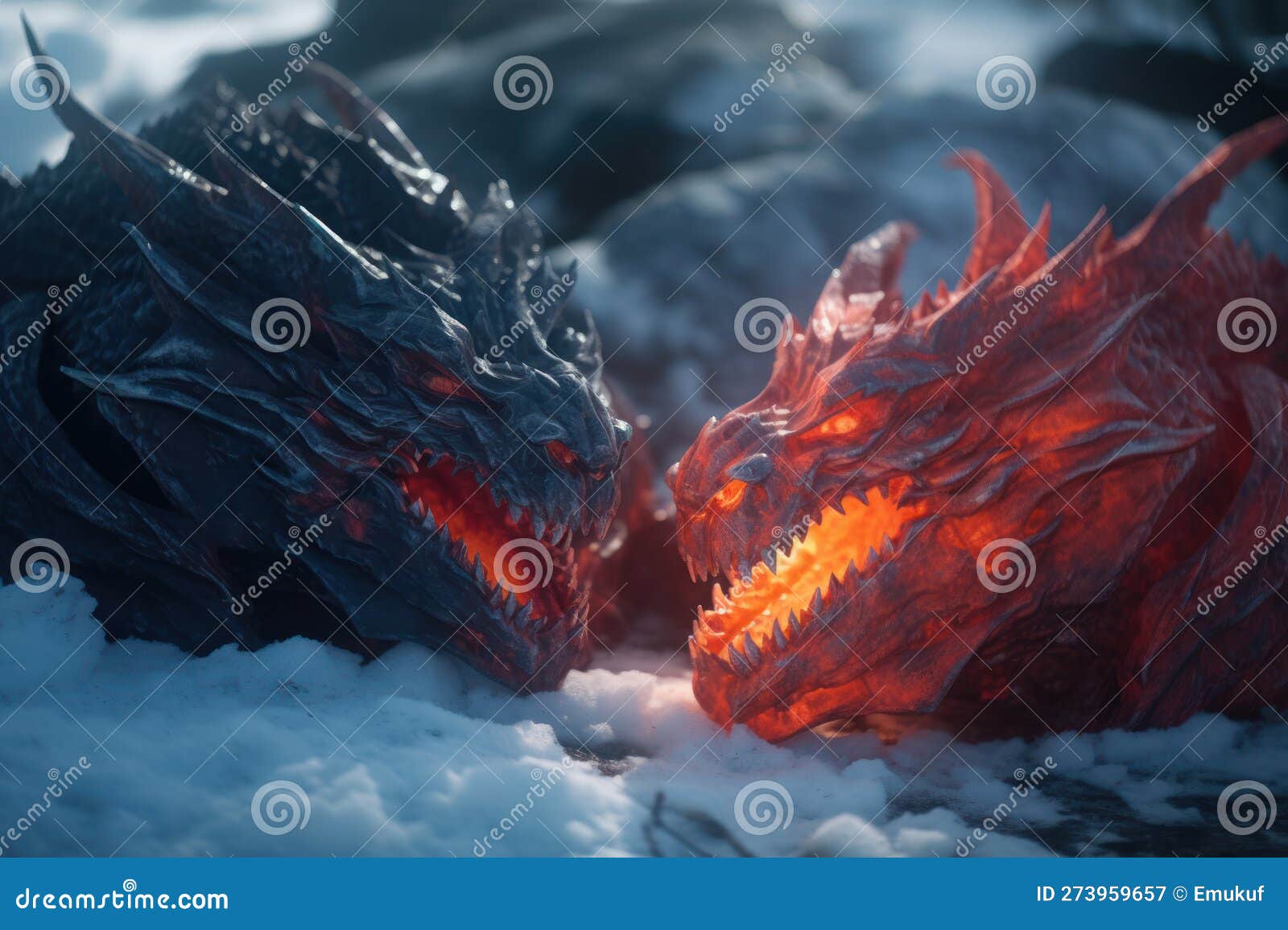 Fantasy Head Dragon Half Blue Ice and Orange Fire Generative AI Stock ...