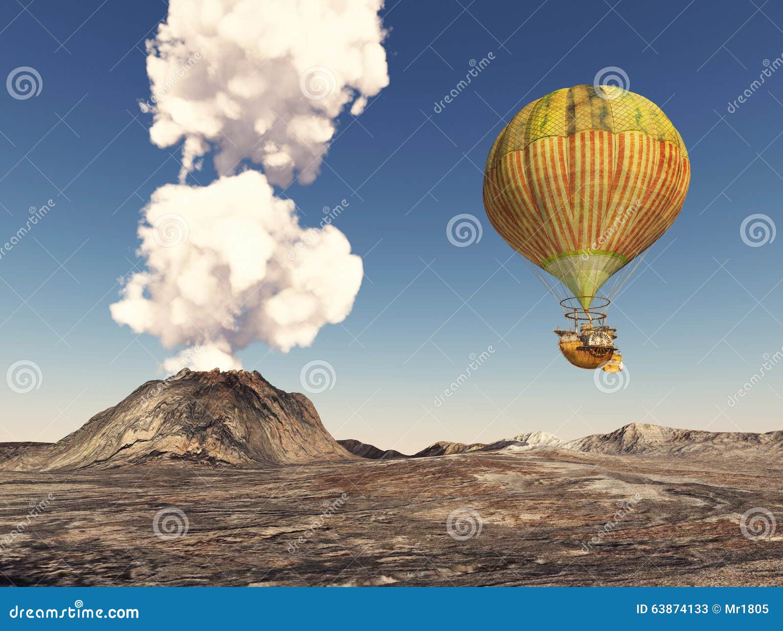 Fantasy Hot Air Balloon Over a Volcanic Landscape Stock Illustration ...