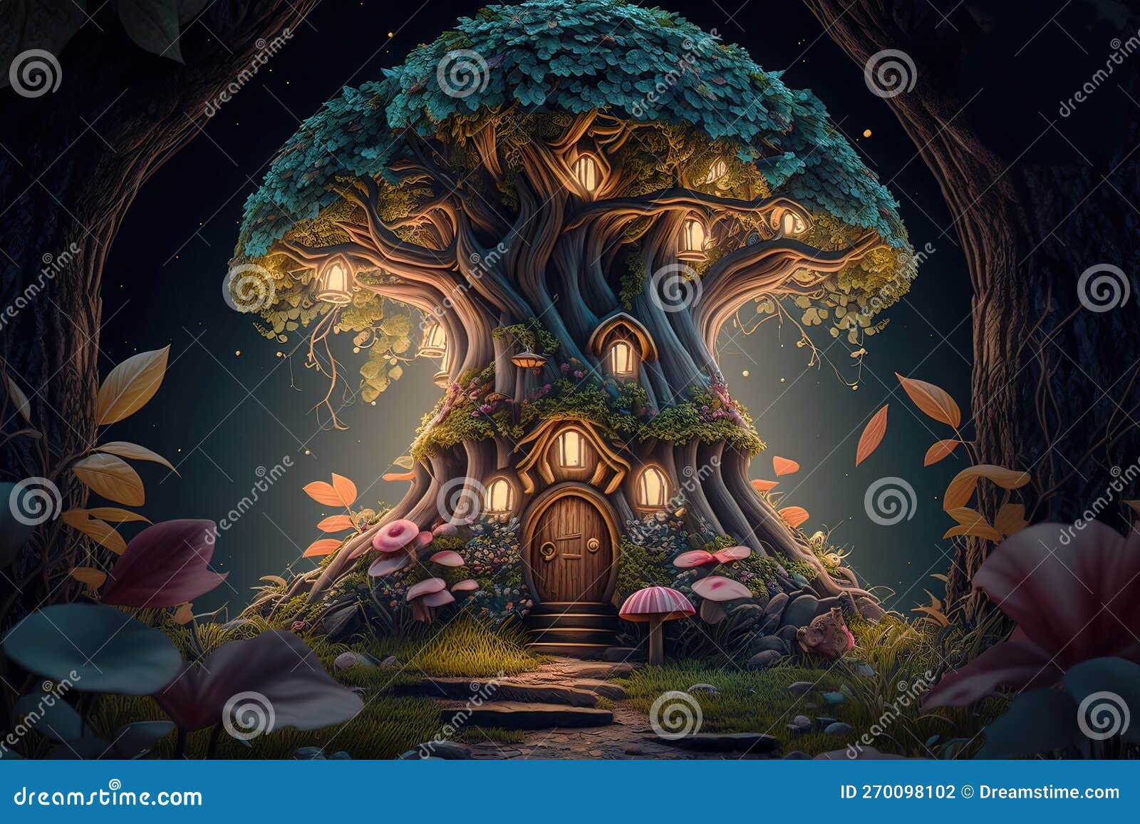 Fantasy House In Forest Fairytale Home In Tree Trunk At Night