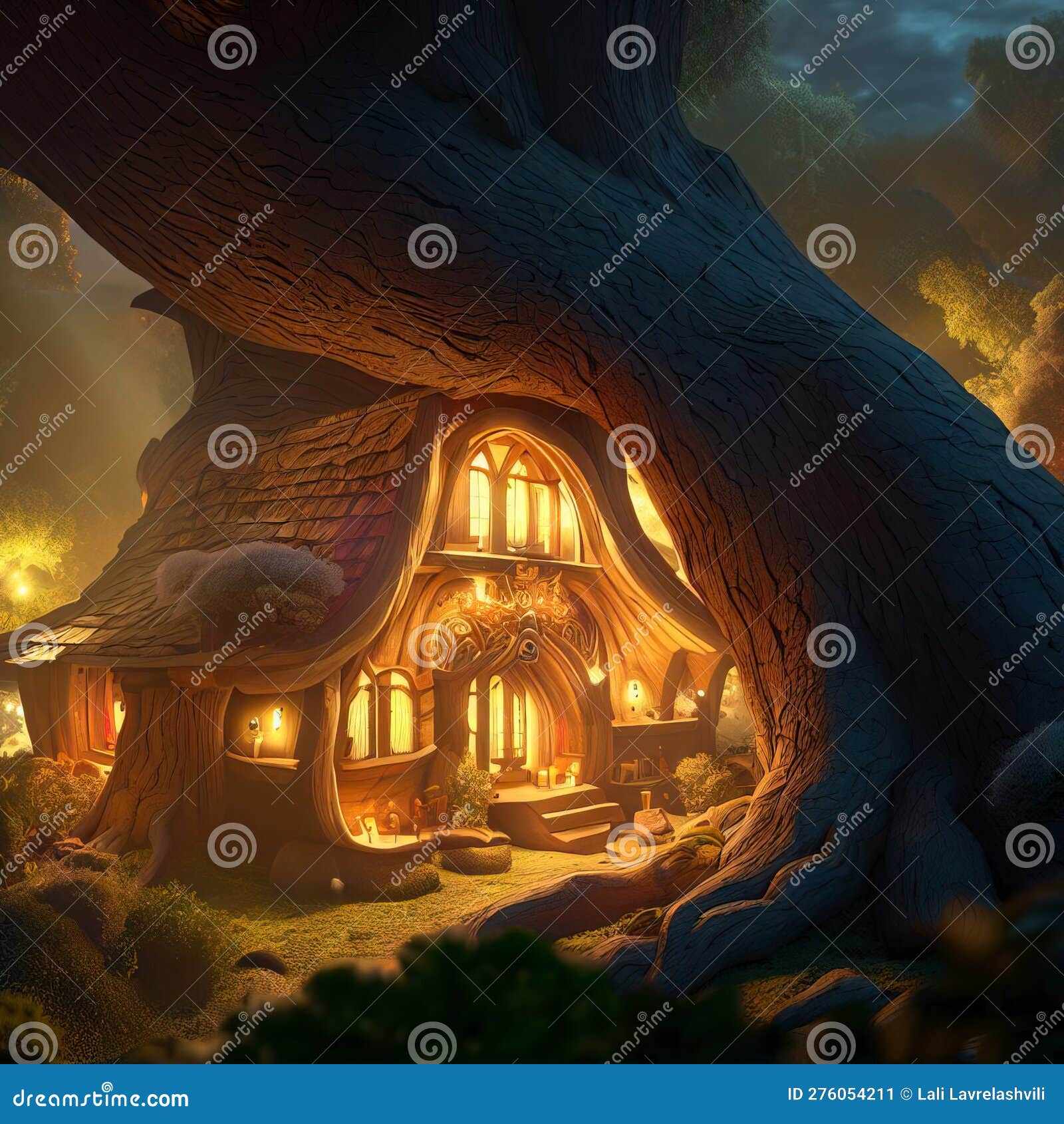 Fantasy House In Forest Fairytale Home In Tree Trunk At Night Surreal