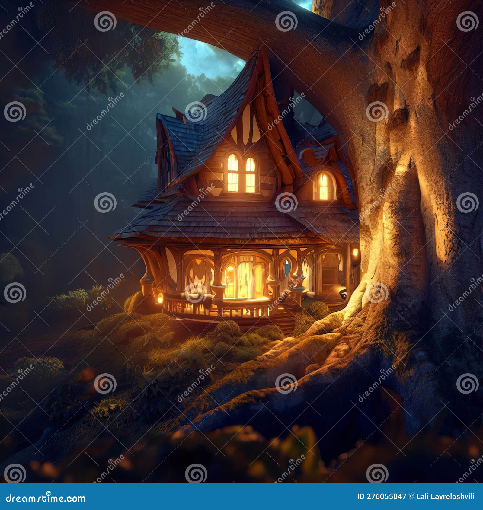 Fantasy House In Forest Fairytale Home In Tree Trunk At Night Surreal