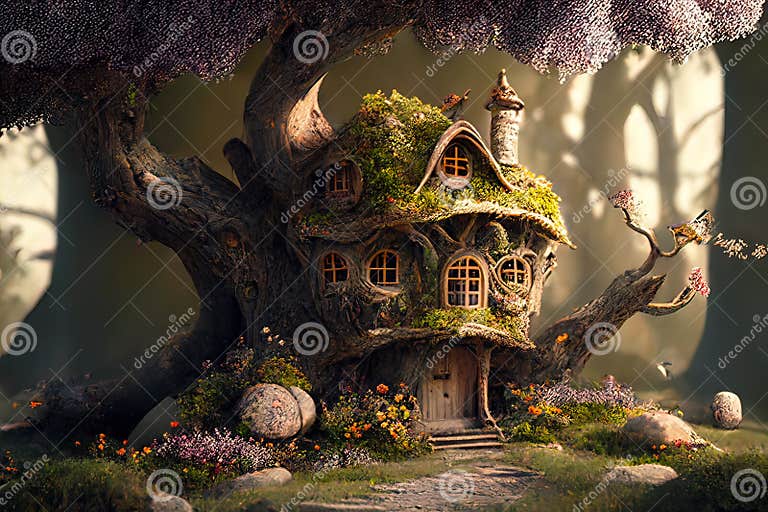 Fantasy House In Magic Forest Fairytale Habitation In Tree Trunk
