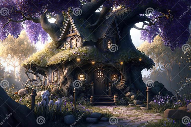 Fantasy House In Magic Forest Fairytale Habitation In Tree Trunk