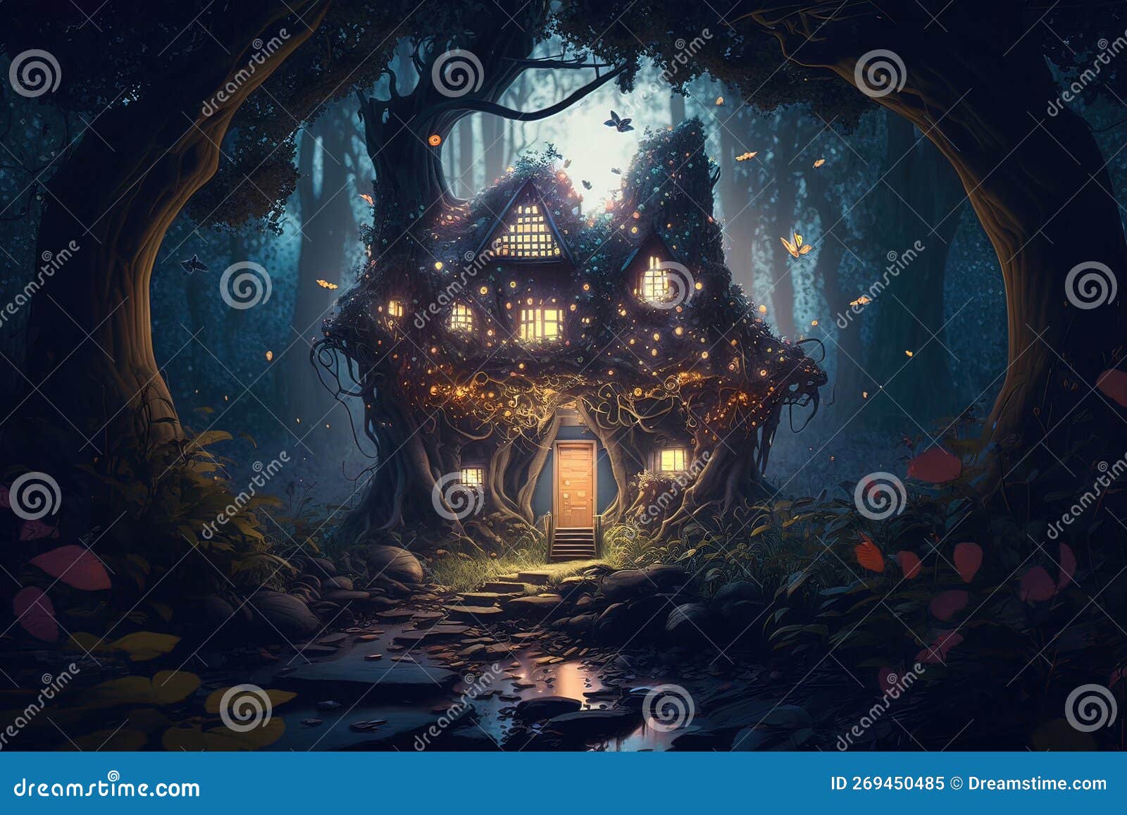 Fantasy House In Magic Forest At Night Fairytale Habitation In Trees
