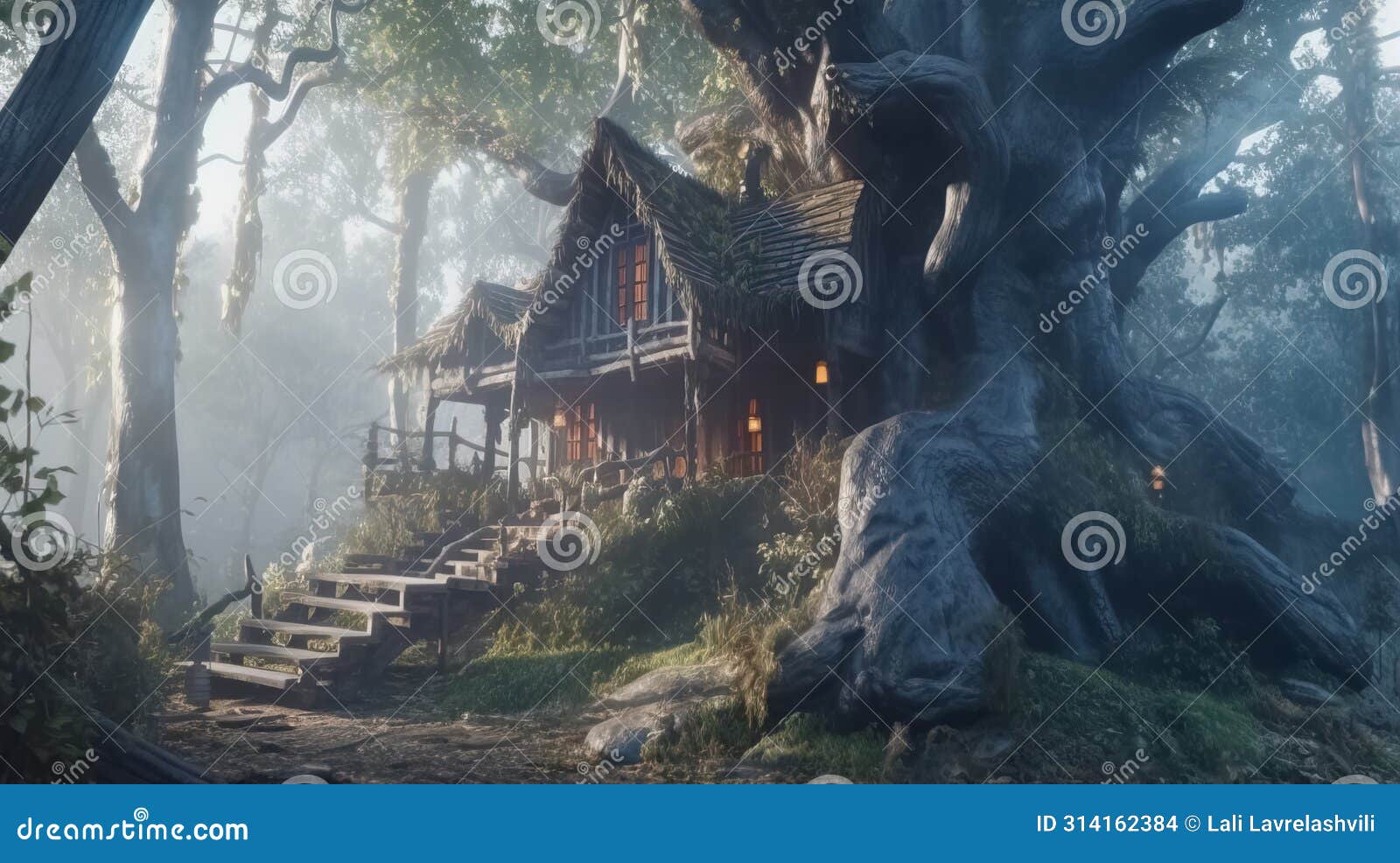 Fantasy House in Misty Forest, Fairy Tale Hut in Tree Trunk Stock ...