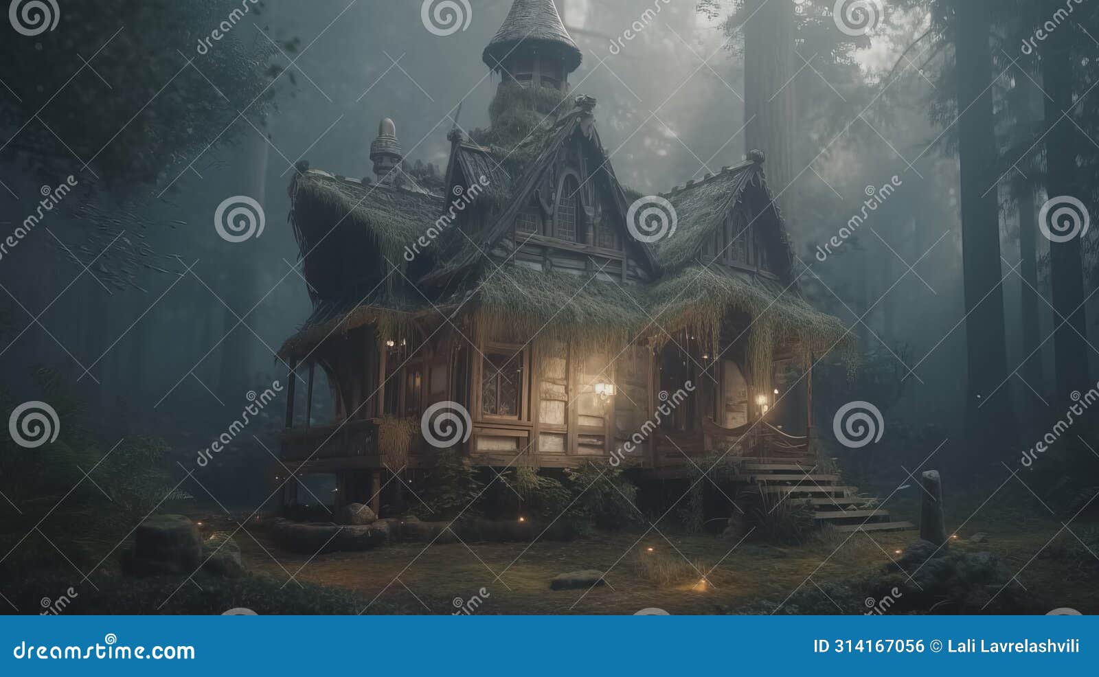 Fantasy House in Misty Forest, Fairy Tale Hut in Tree Trunk Stock ...
