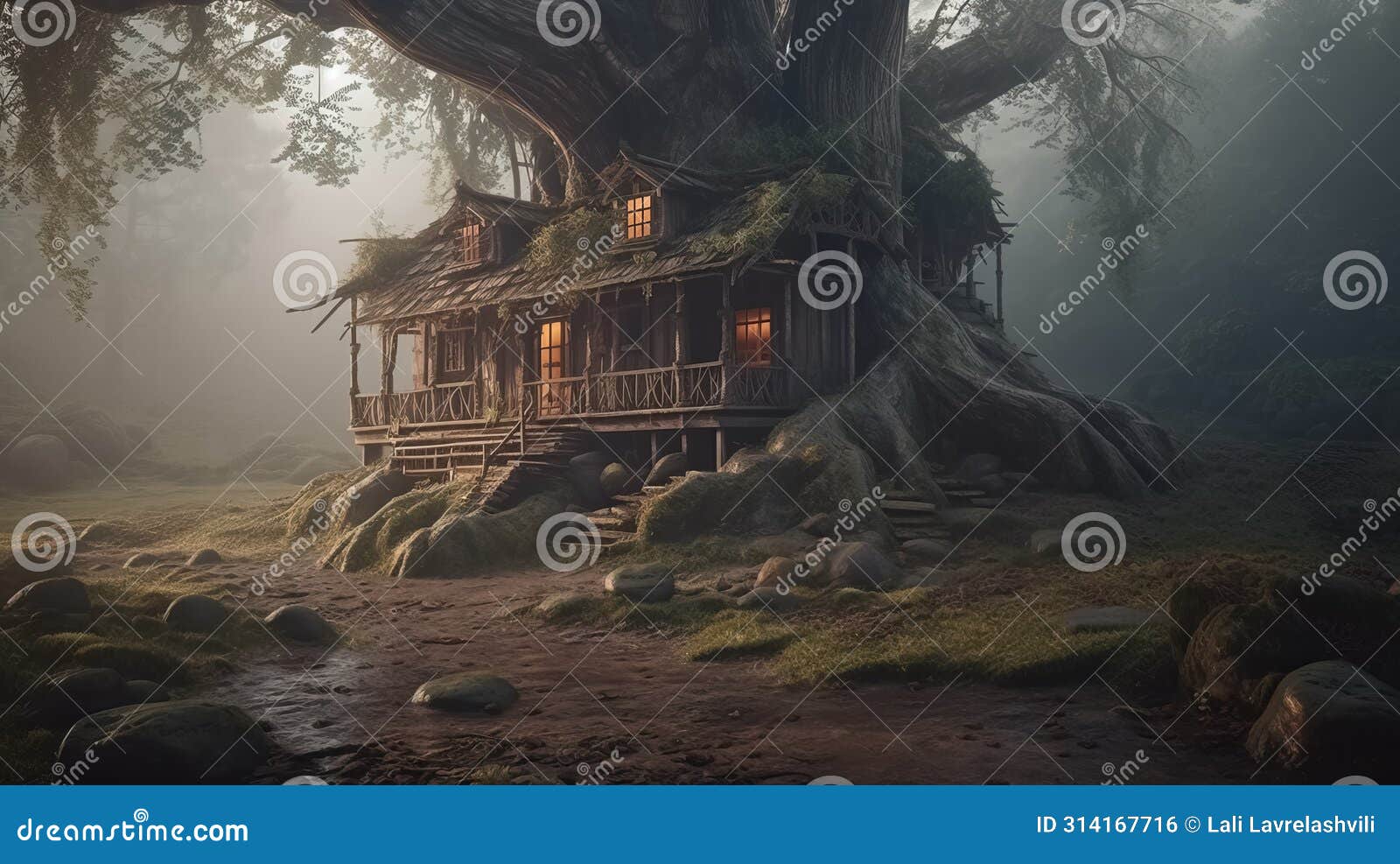 Fantasy House in Misty Forest, Fairy Tale Hut in Tree Trunk Stock ...