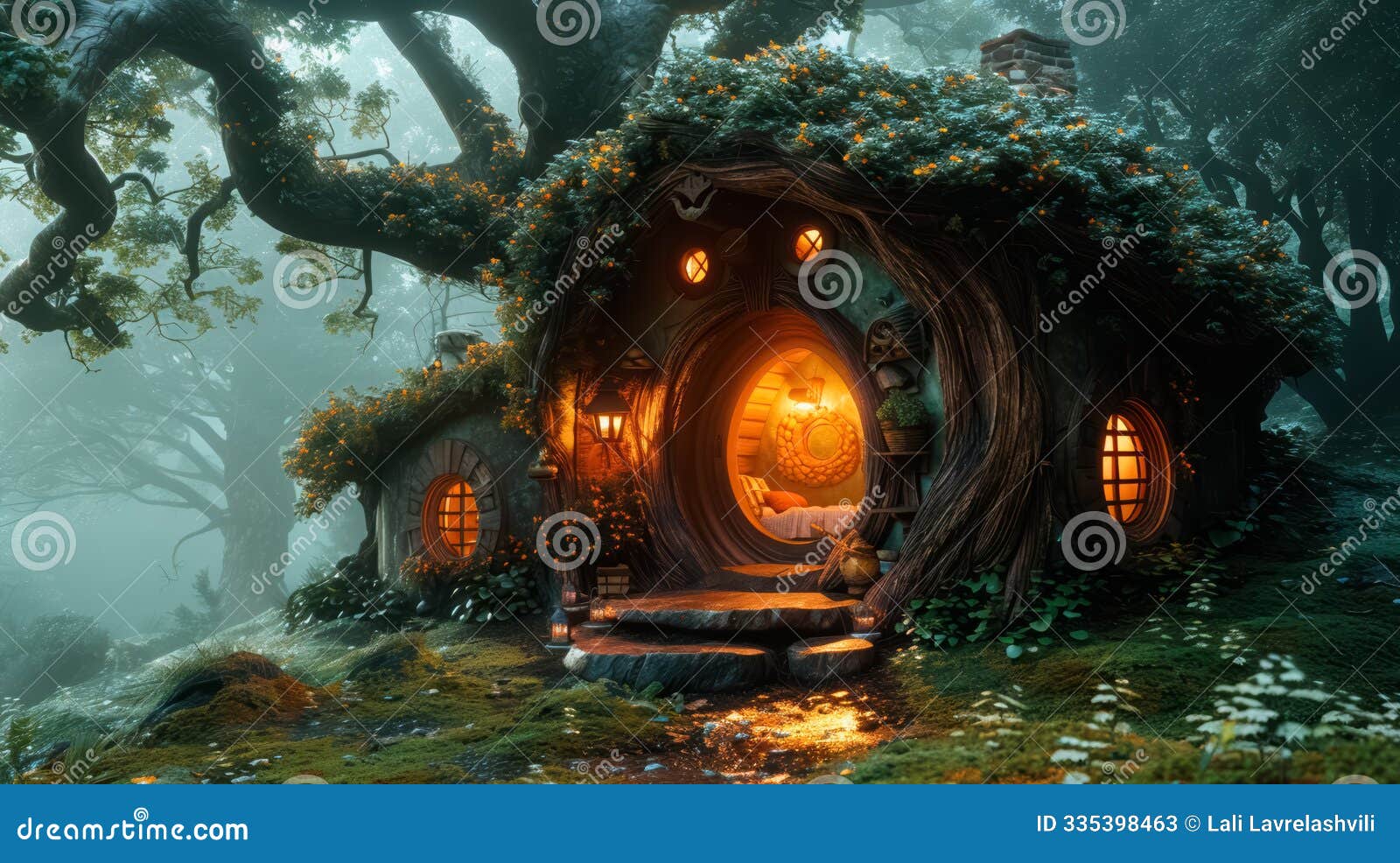 Fantasy House in Misty Forest, Fairy Tale Hut in Tree Trunk Stock ...