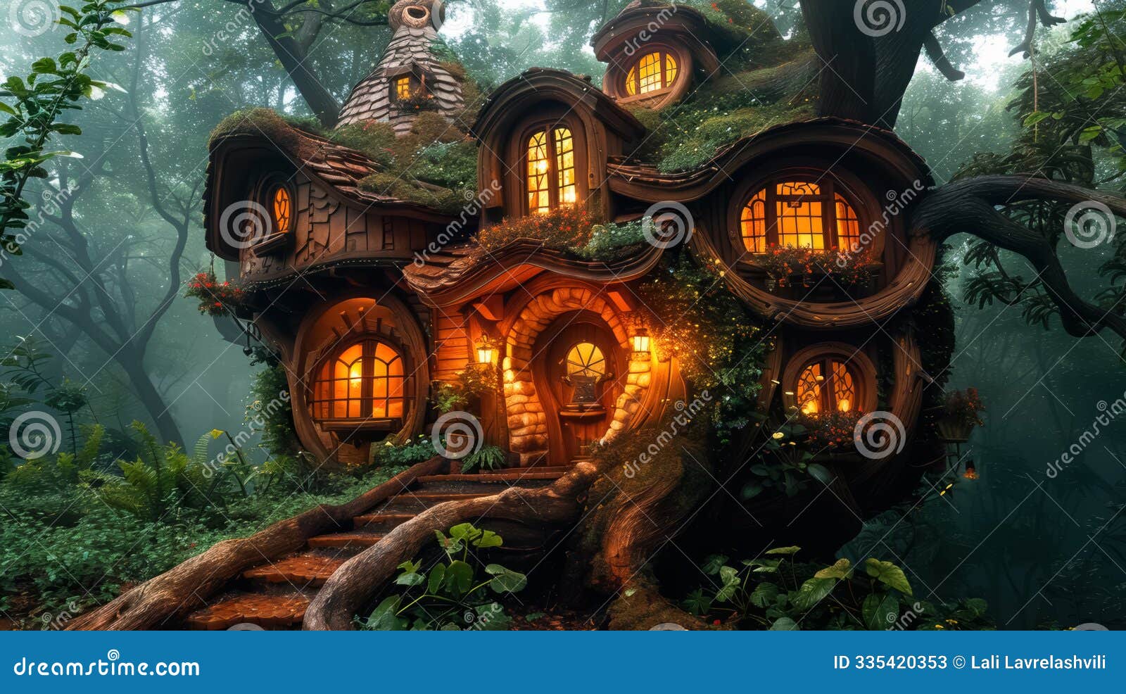 Fantasy House in Misty Forest, Fairy Tale Hut in Tree Trunk Stock ...