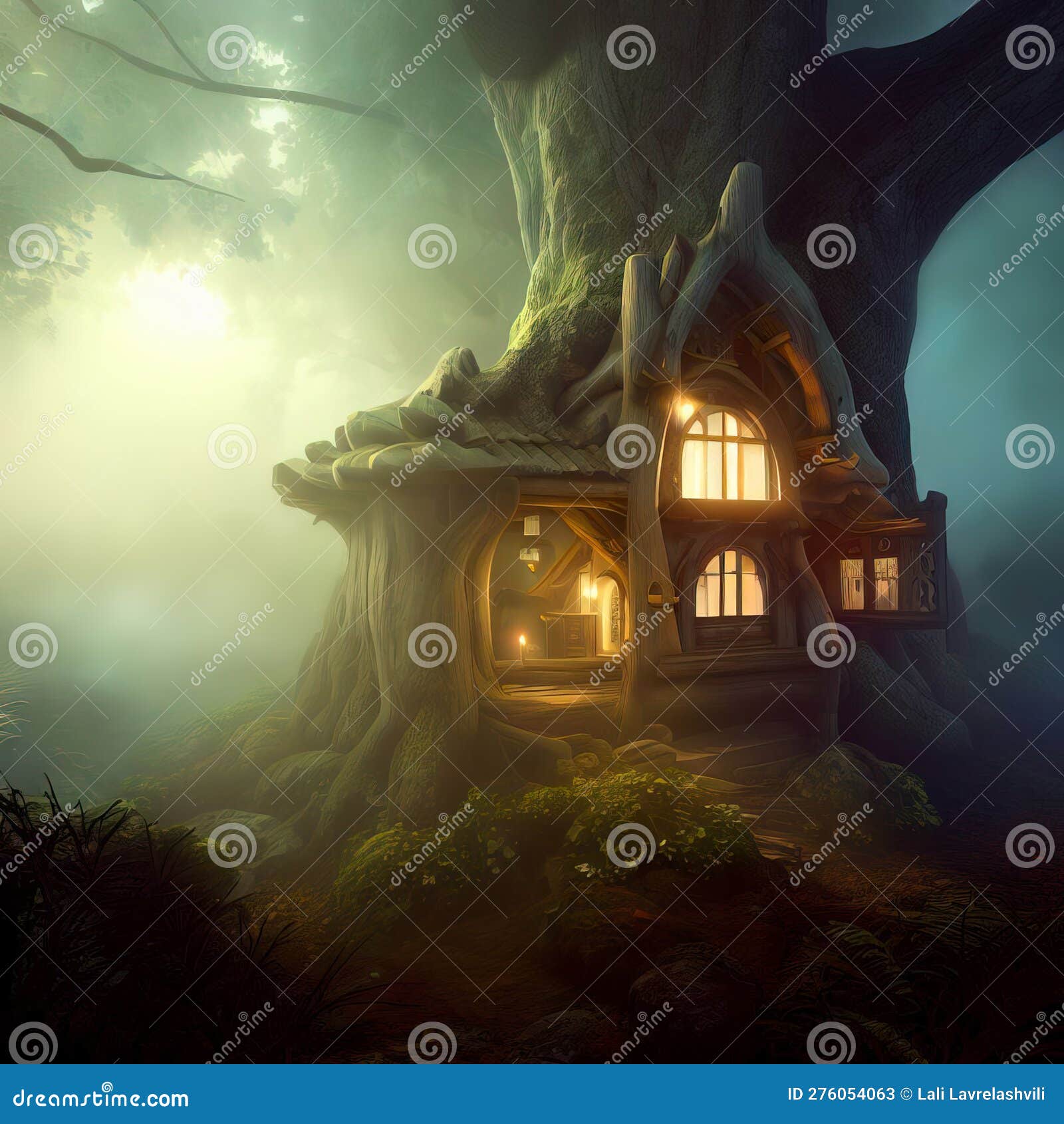 Fantasy House In Misty Forest Fairy Tale Hut In Tree Trunk Surreal