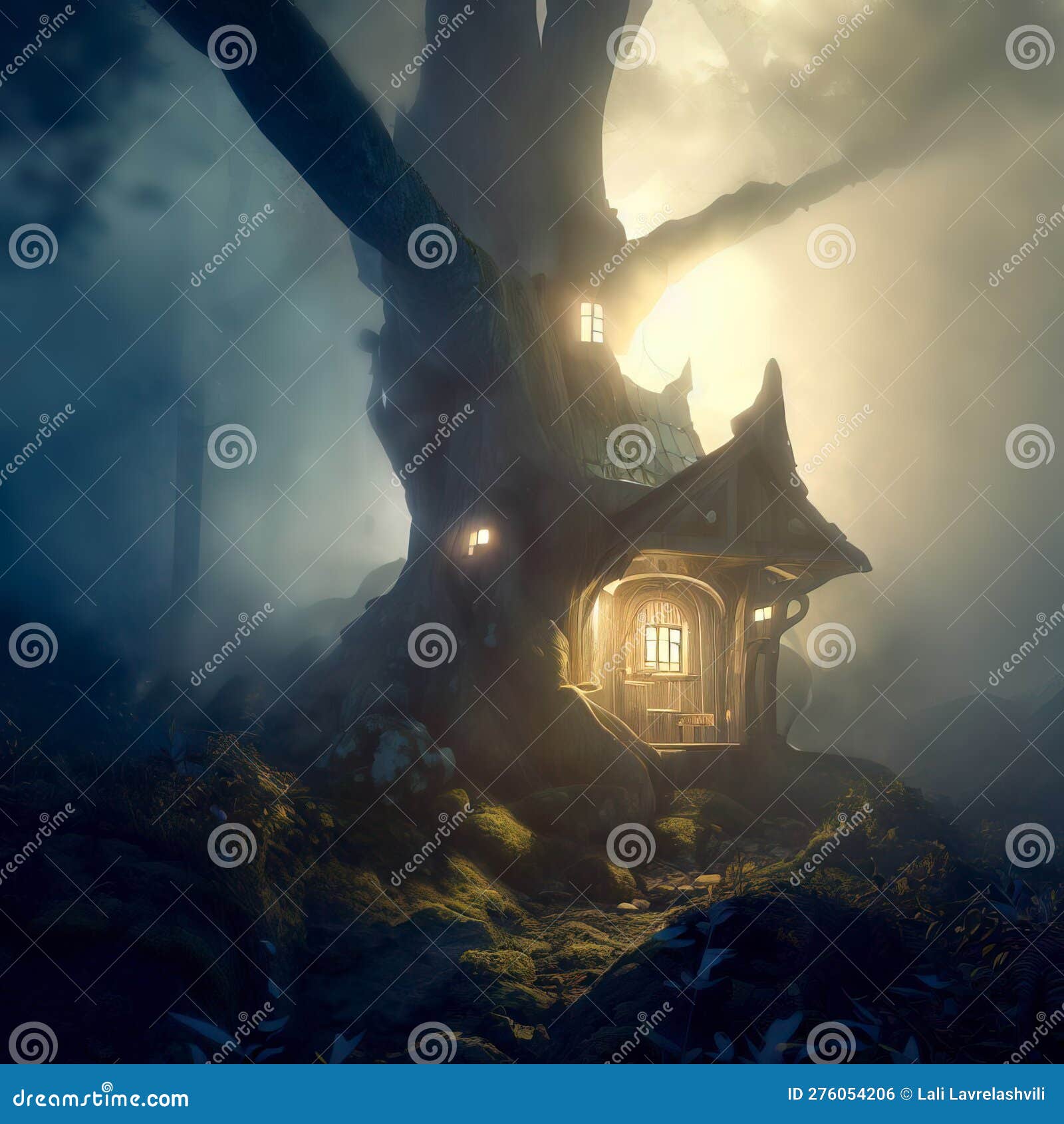 Fantasy House In Misty Forest Fairy Tale Hut In Tree Trunk Surreal
