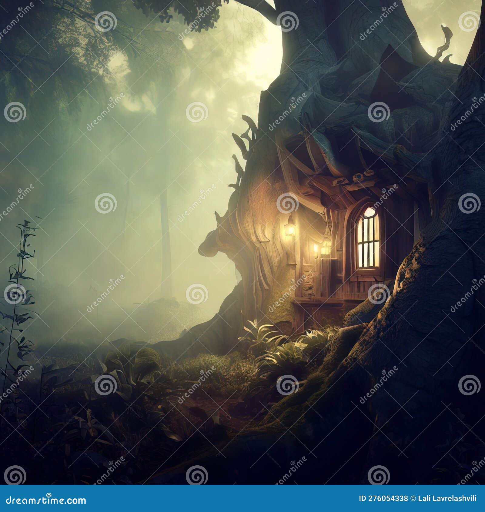 Fantasy House In Misty Forest Fairy Tale Hut In Tree Trunk Surreal