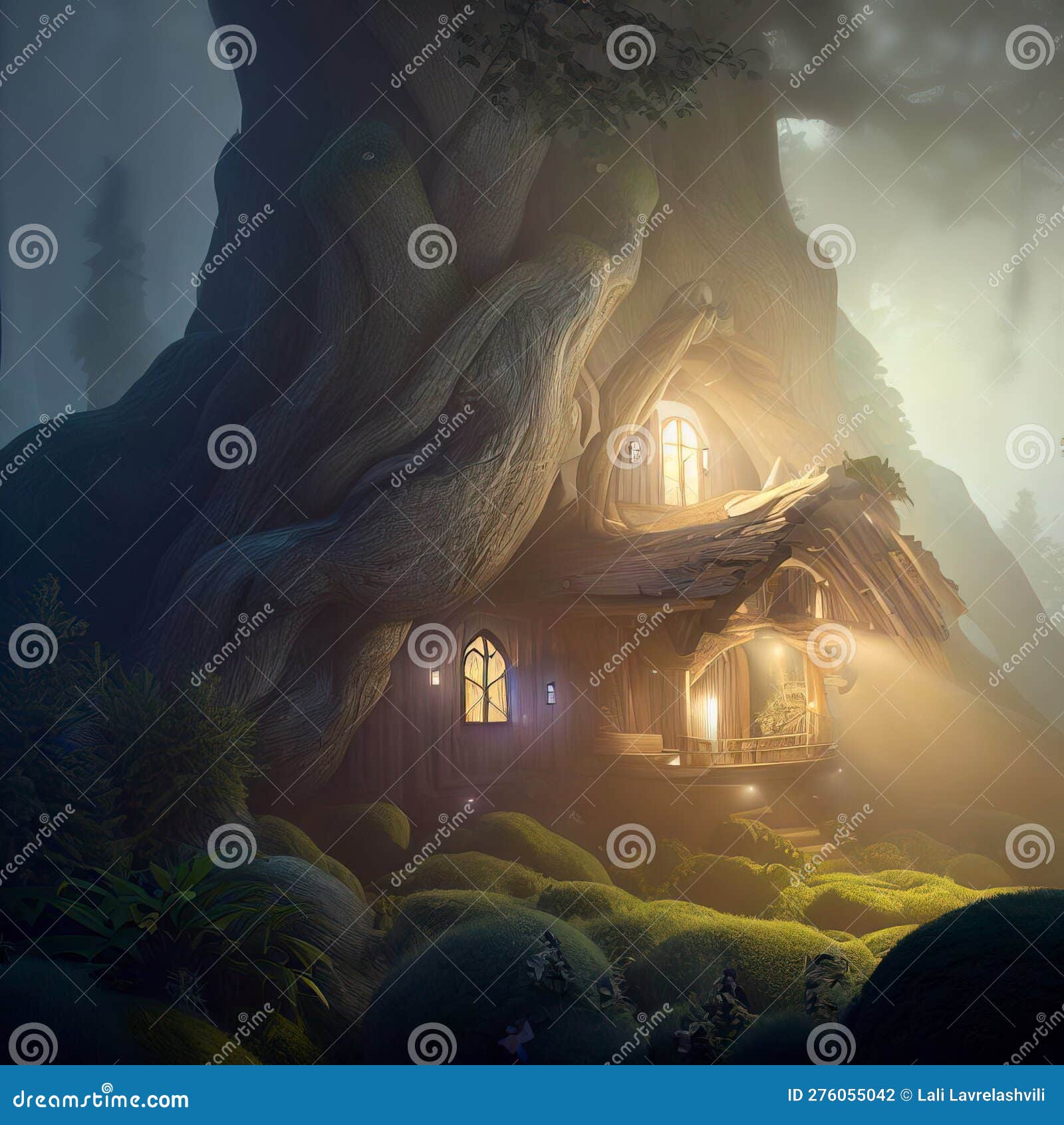 Fantasy House In Misty Forest Fairy Tale Hut In Tree Trunk Surreal