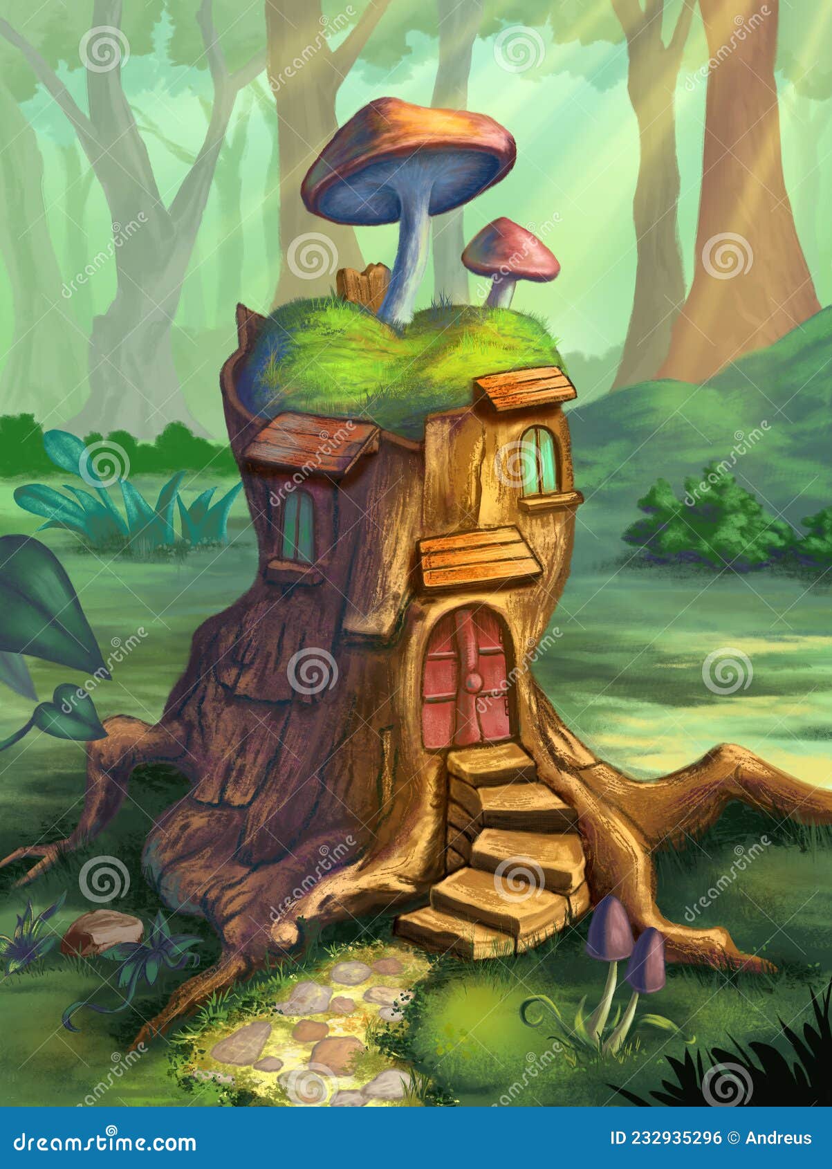 Fantasy House in a Tree Stump Stock Illustration - Illustration of ...