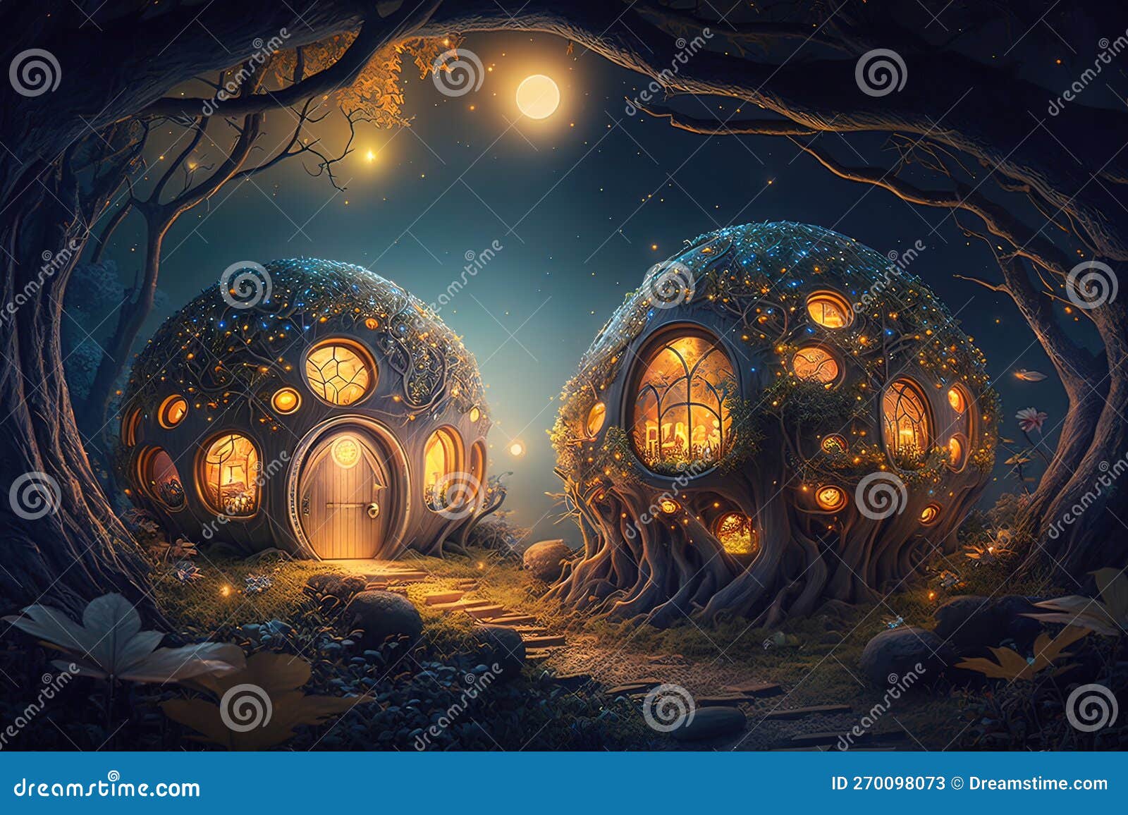 Fantasy Houses In Forest Fairytale Overgrown Huts At Night