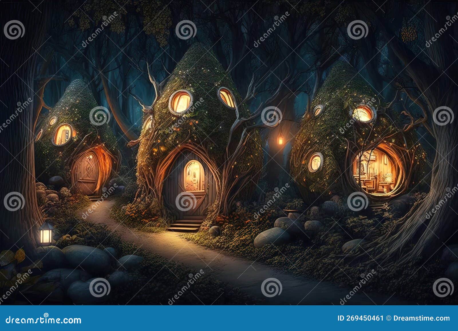 Fantasy Houses In Magic Forest At Night Fairy Tale Habitation In Trees