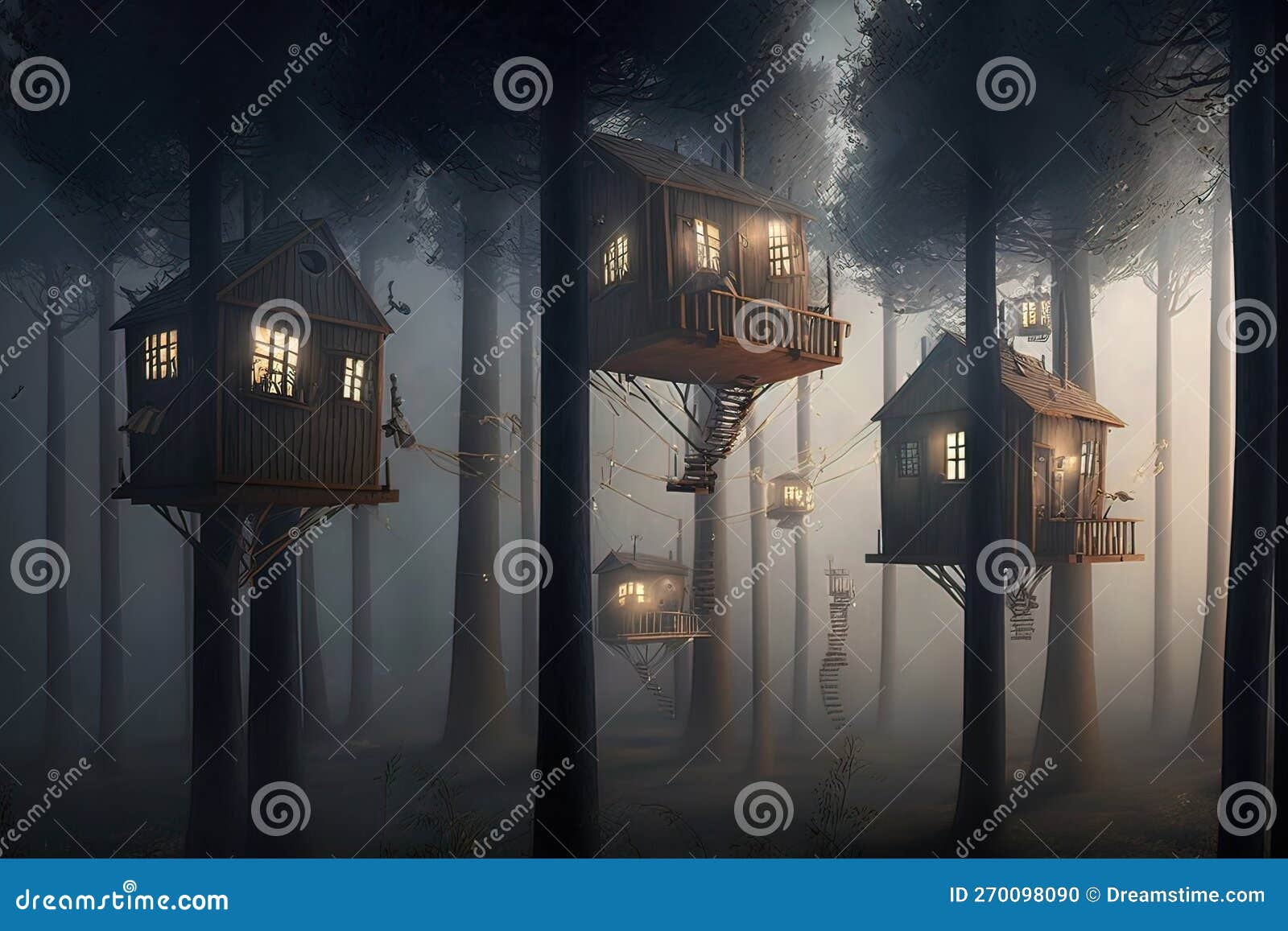 Fantasy Houses In Misty Forest Fairy Tale Huts On Trees Illustration