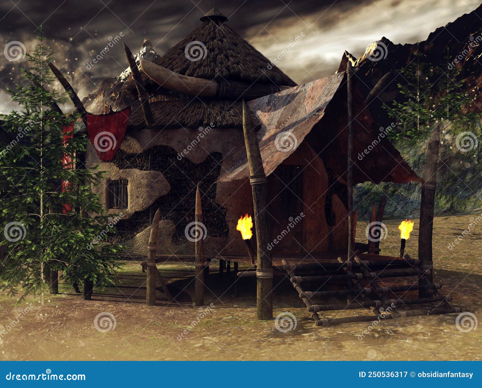 Fantasy Hut in the Mountains Stock Illustration - Illustration of tree ...