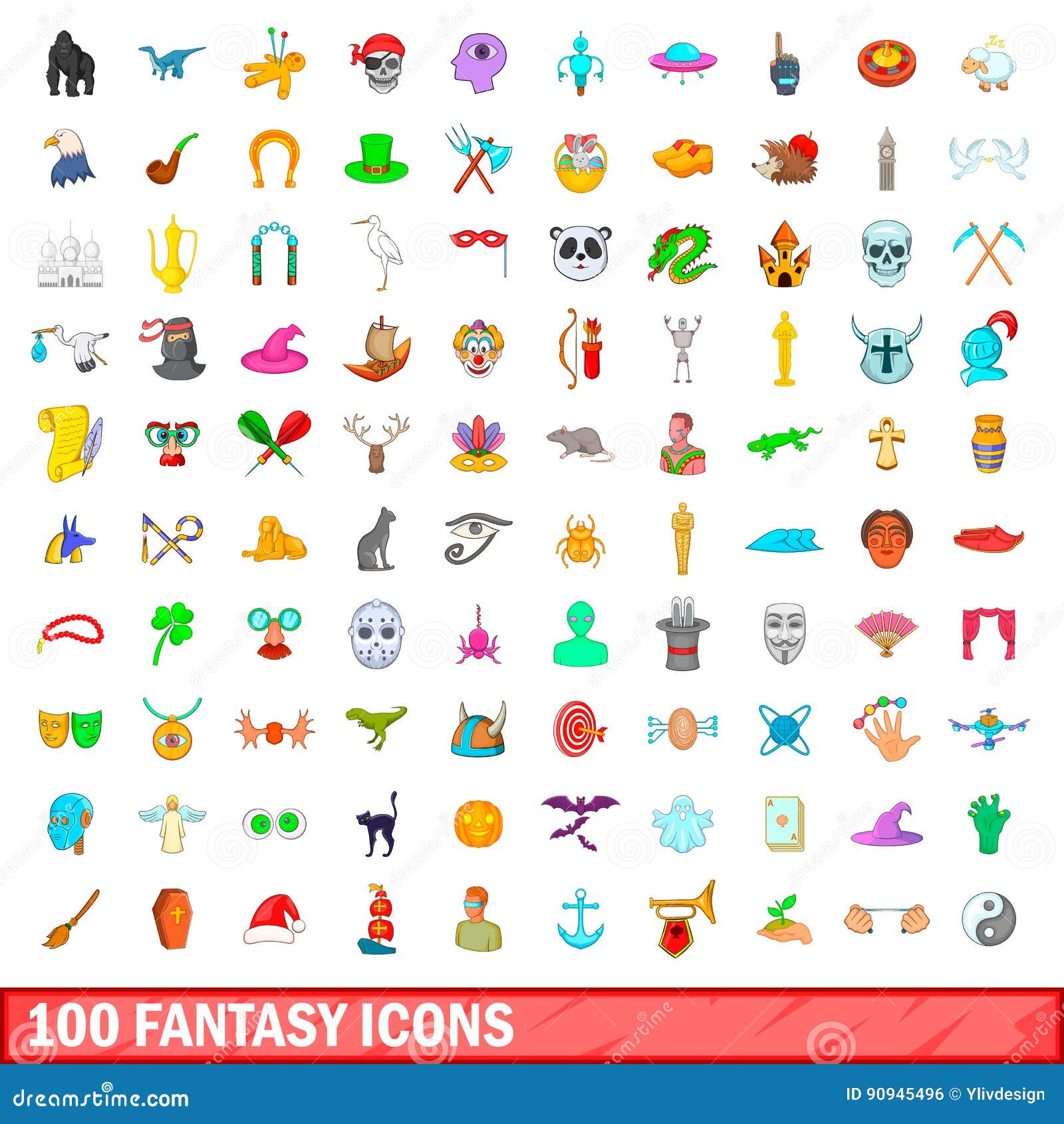 100 Fantasy Icons Set, Cartoon Style Stock Vector - Illustration of ...