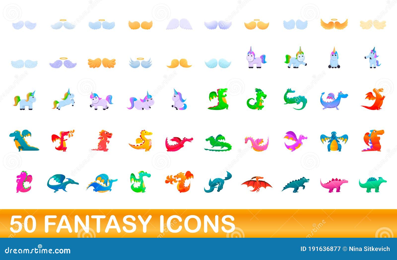 50 Fantasy Icons Set, Cartoon Style Stock Vector - Illustration of ...