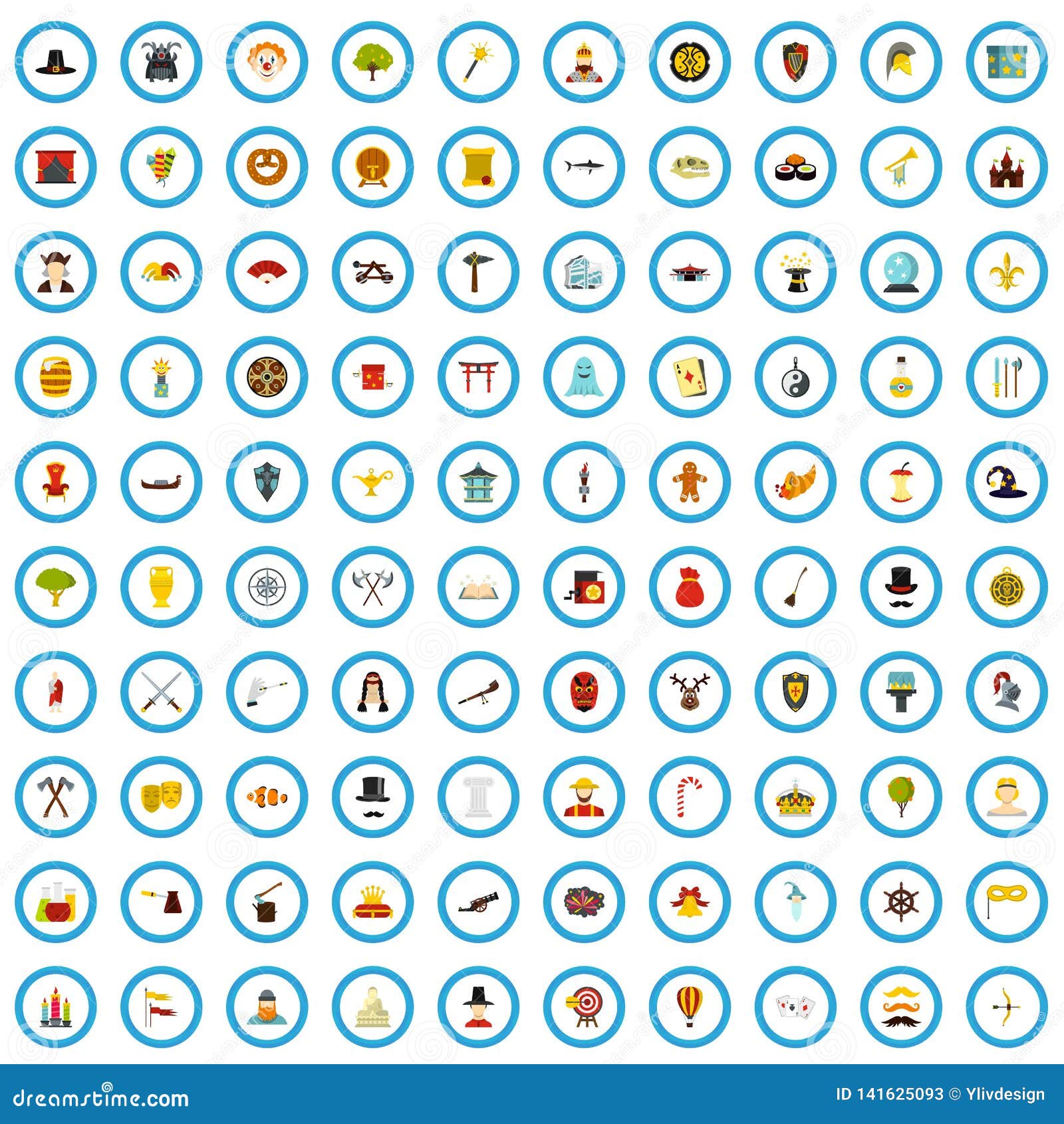 100 Fantasy Icons Set, Flat Style Stock Vector - Illustration of knight ...