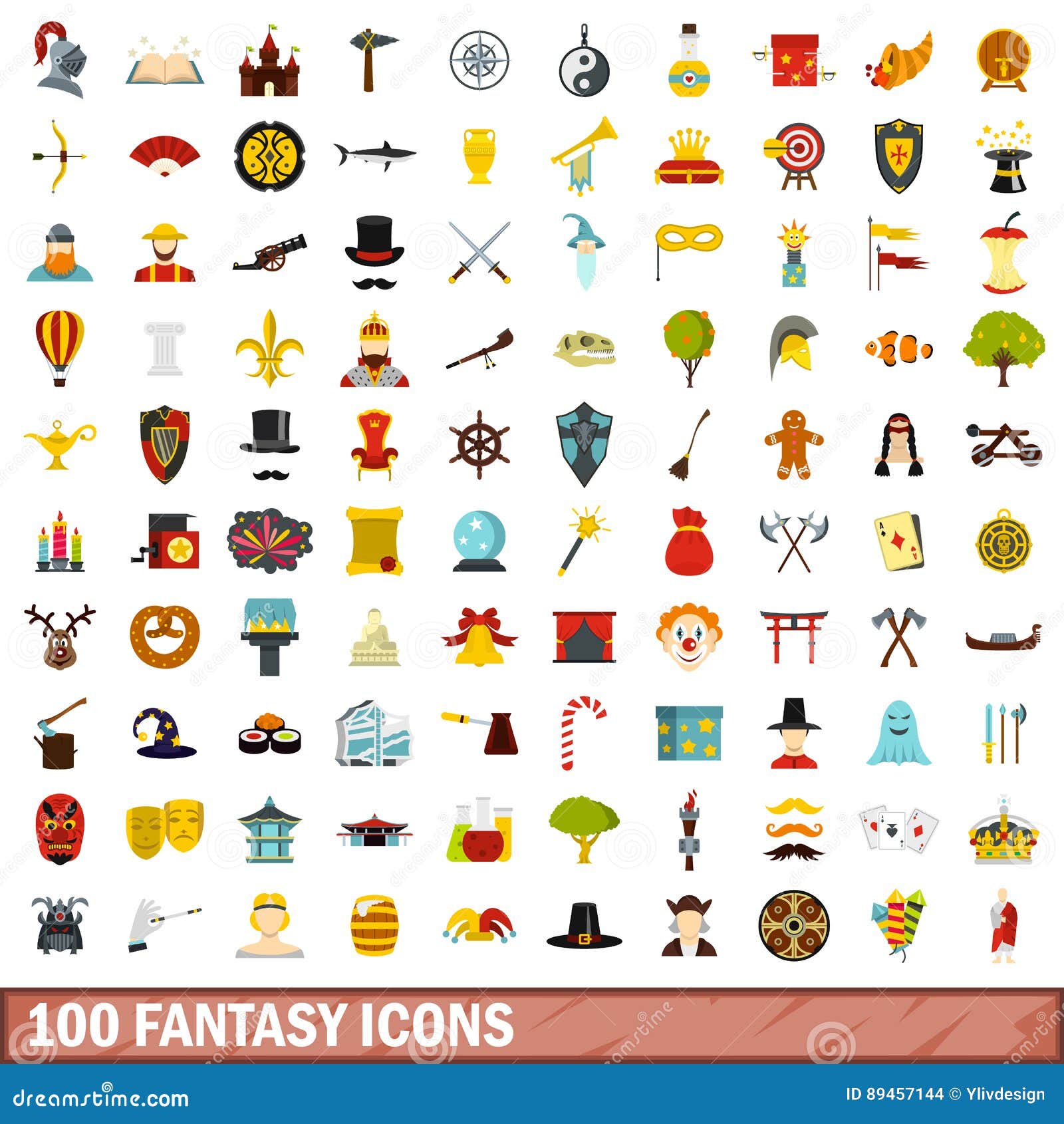 100 Fantasy Icons Set, Flat Style Stock Vector - Illustration of ...