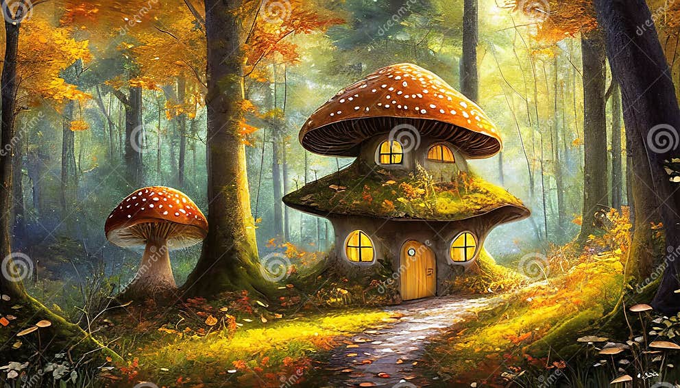 Fantasy Illustrated Forest with Toadstool House Stock Illustration ...