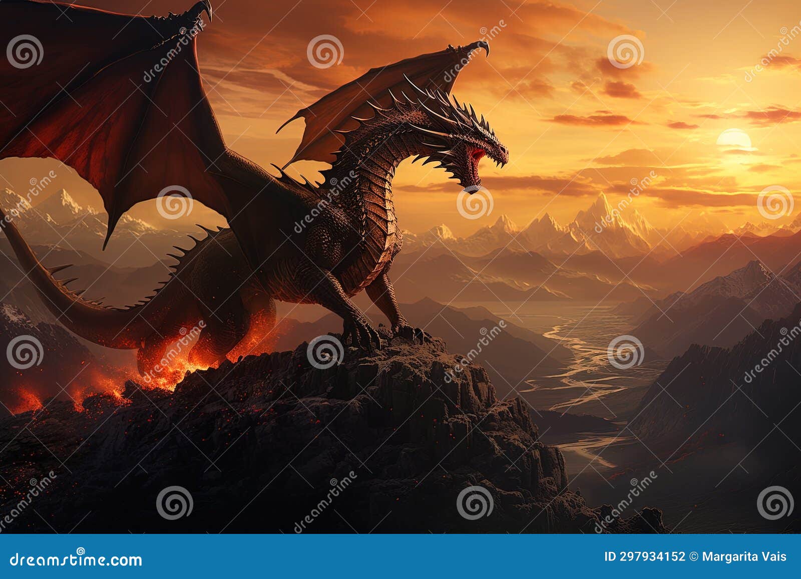 Fantasy Illustration with a Dragon in the Mountains and River at Sunset ...