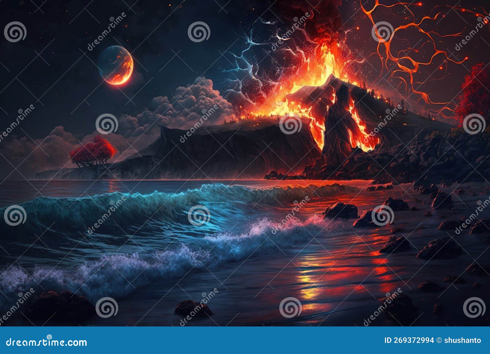 Fantasy Illustration of a Explosion on the Mountain Stock Illustration ...