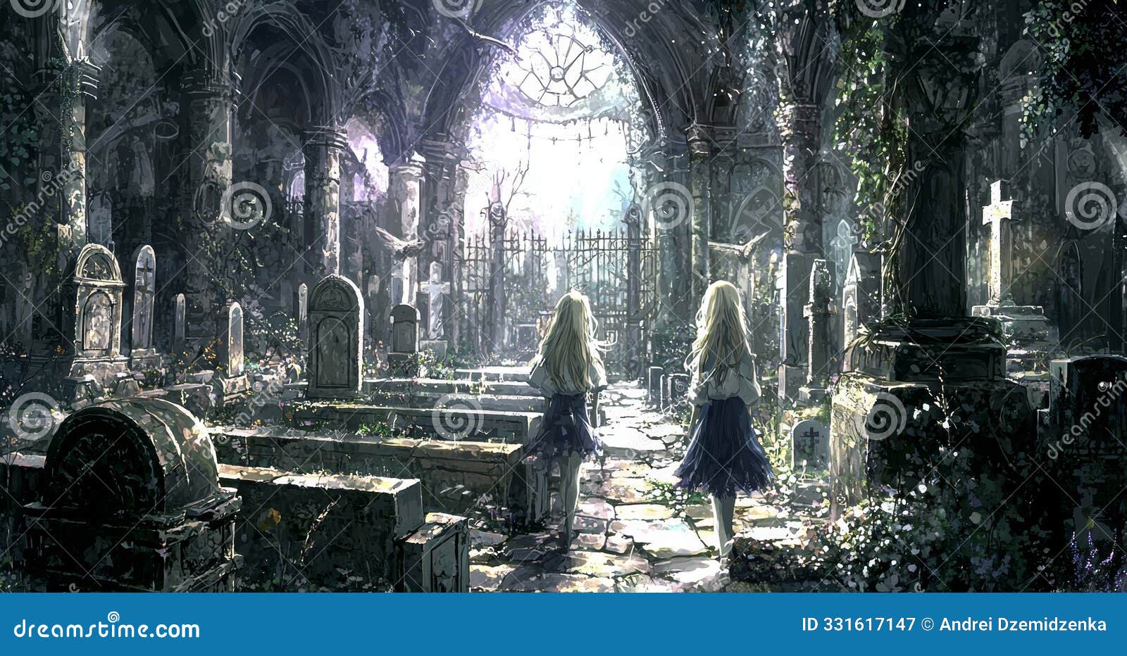 Fantasy Illustration of Gothic Vampires Hanging Out in a Graveyard with ...