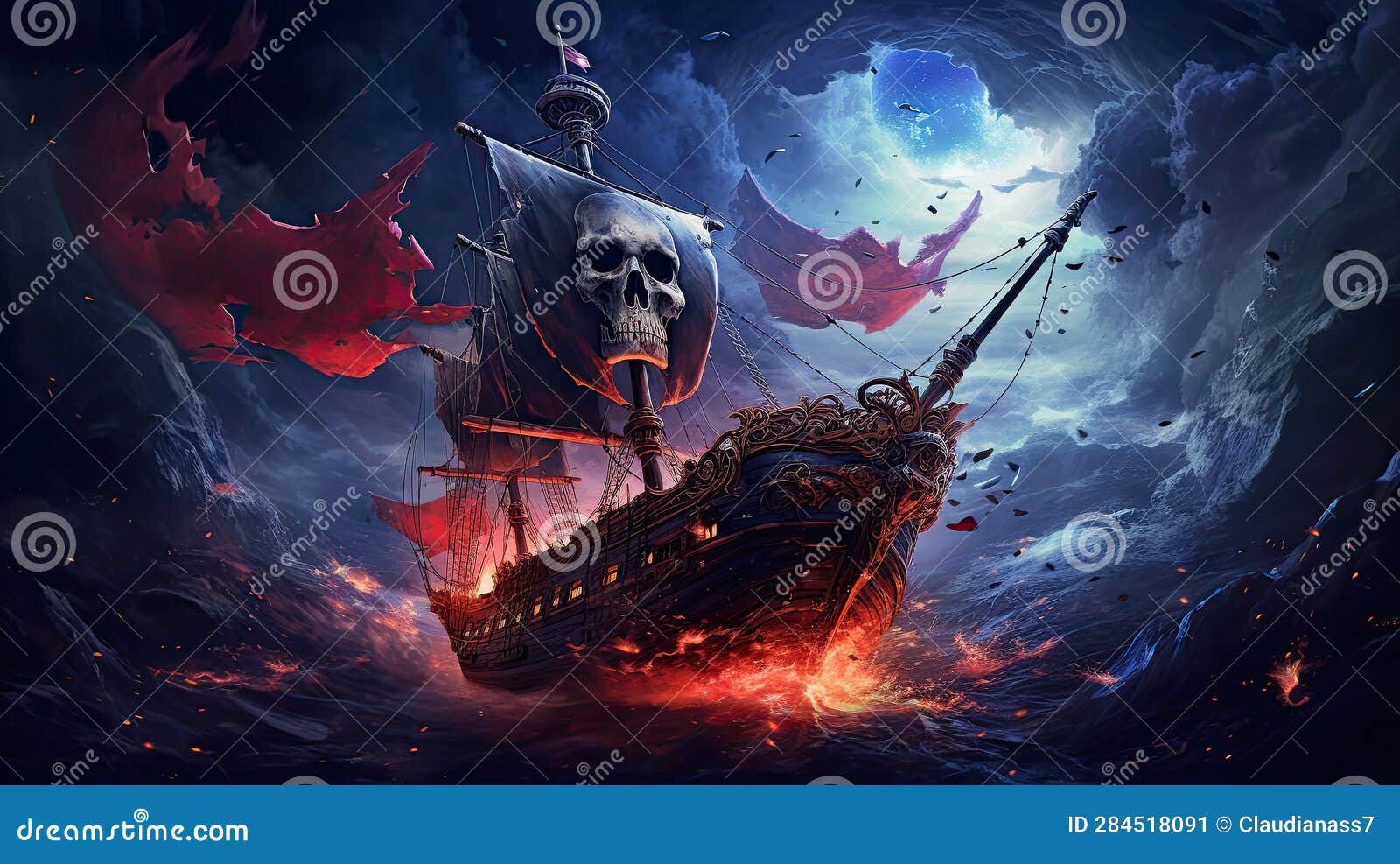 Ai Generative Fantasy Illustration Of Pirate Ship In The Ocean, In The ...