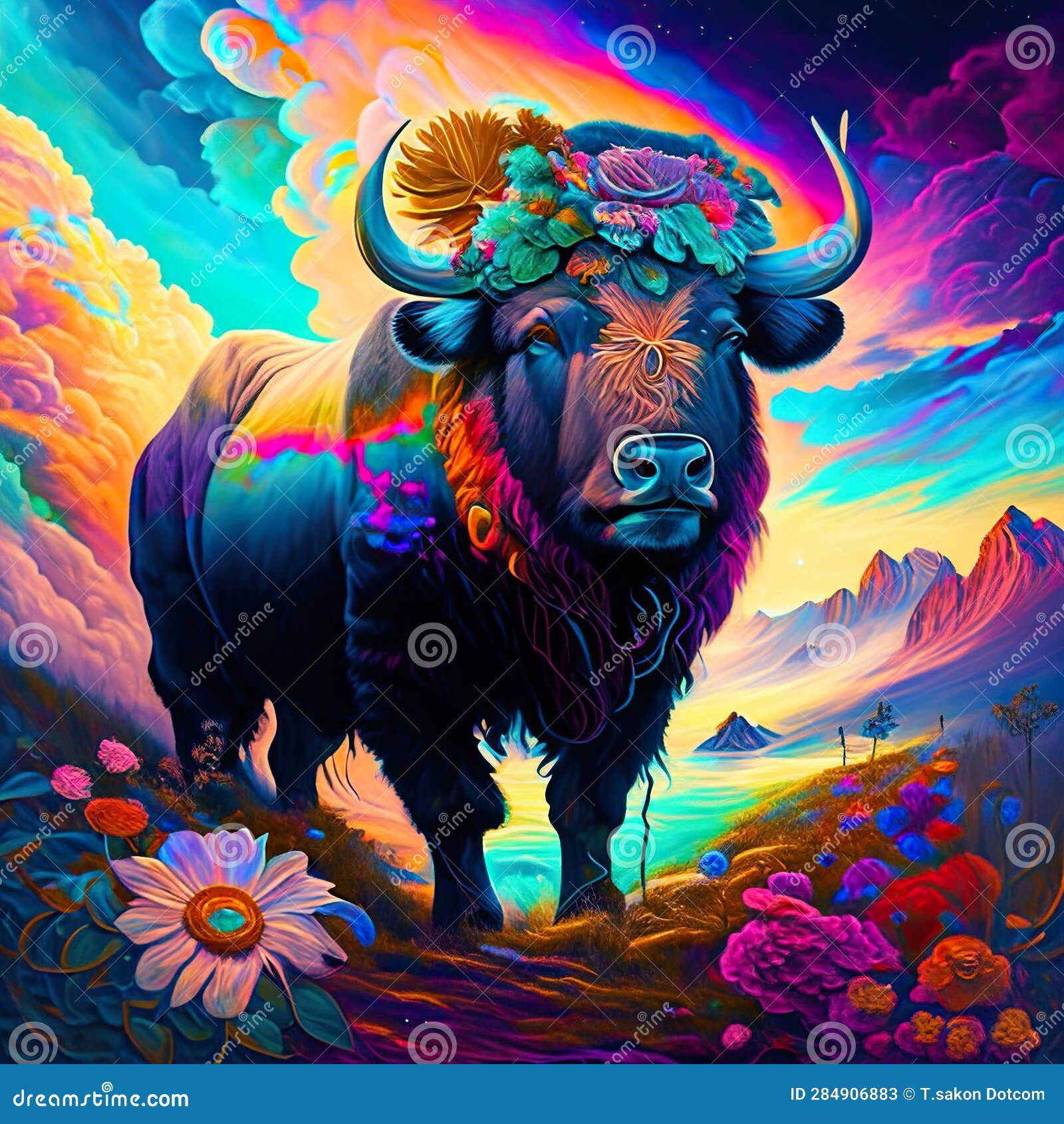 Fantasy Illustration of a Powerful Powerful Bison with Lightning in the ...