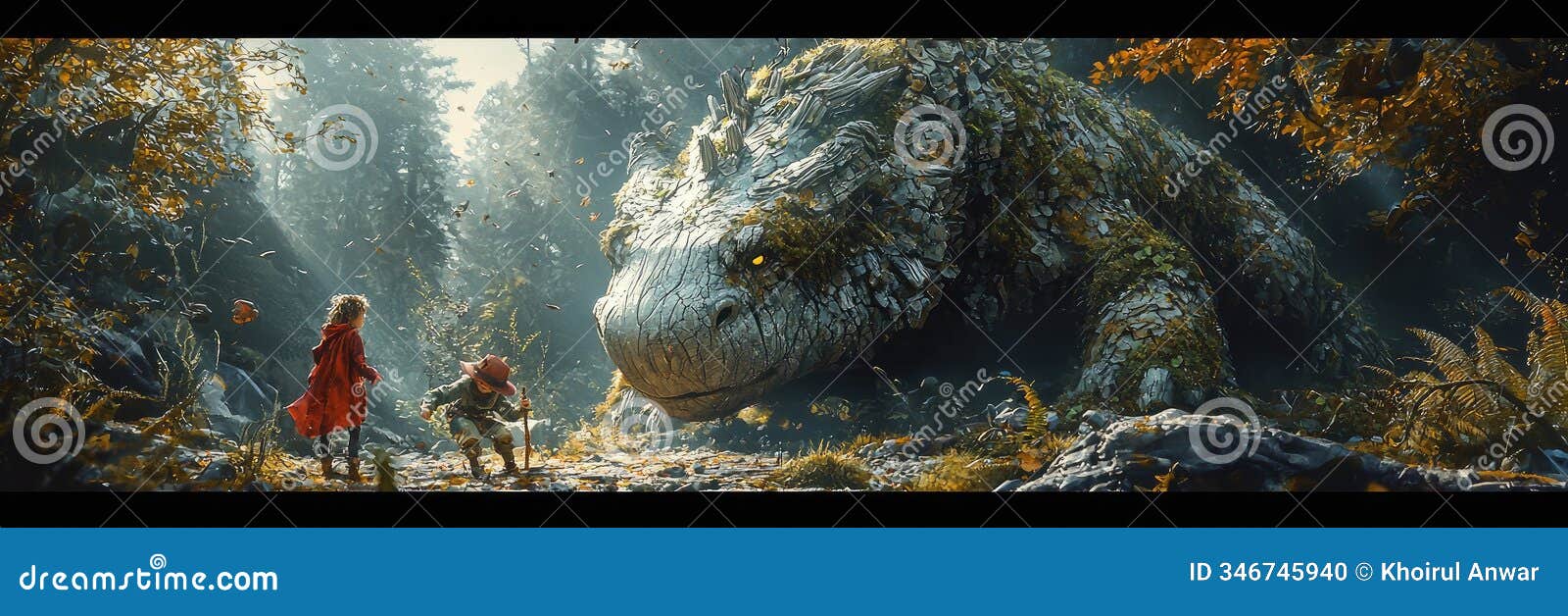 Fantasy Illustration of Two Characters Facing a Massive Stone Like ...