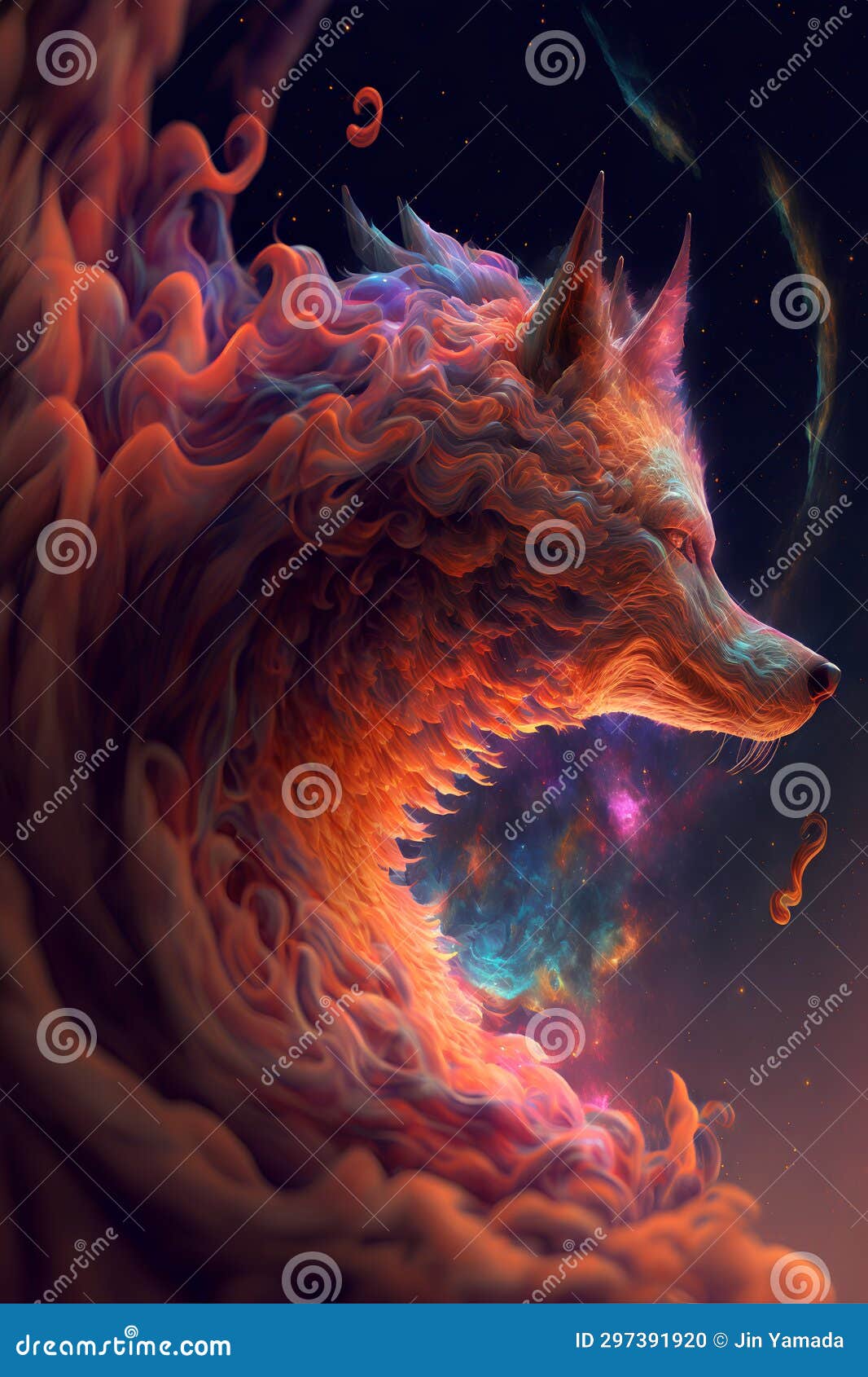 Fantasy Illustration of a Wolf in Space with Fire and Stars. Stock ...