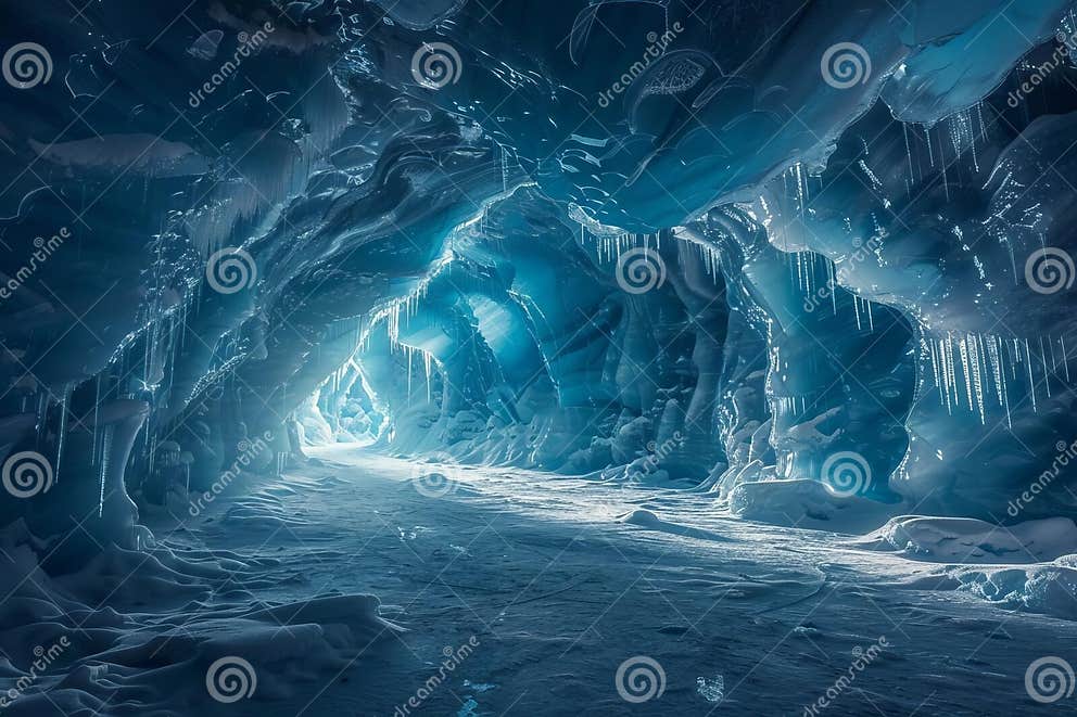 Fantasy Image of Icy Abstract Caverns Deep Underground with Light Emanating from a Frozen Cavern ...
