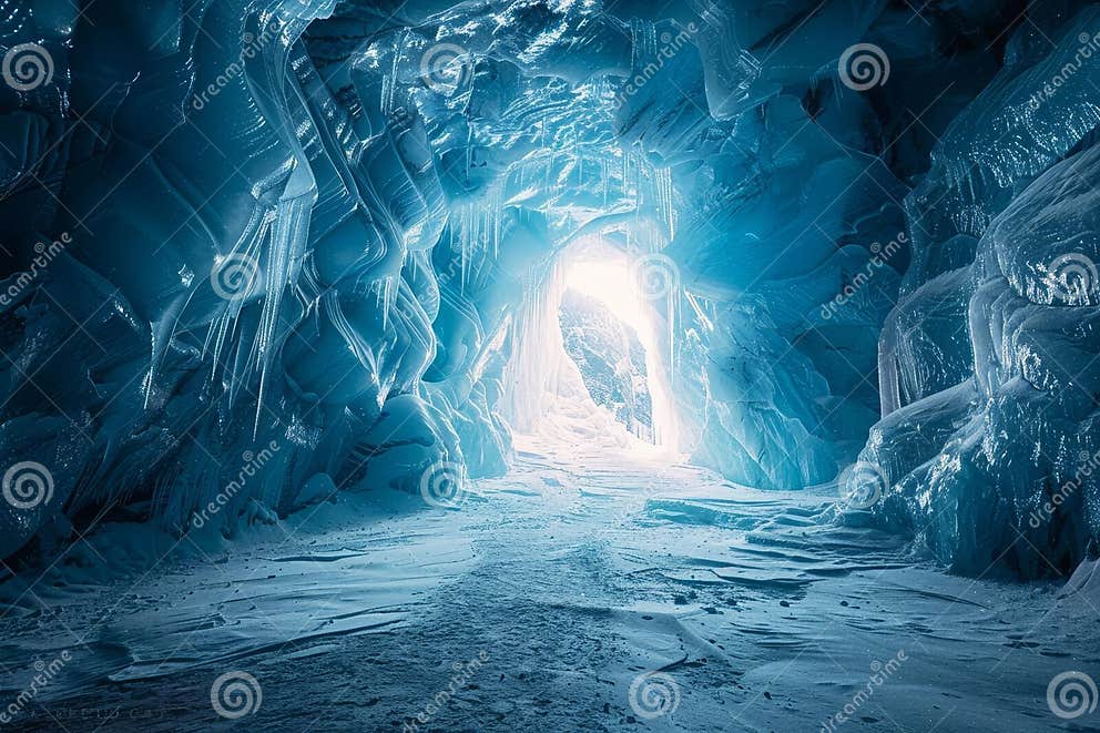 Fantasy Image of Icy Abstract Caverns Deep Underground with Light Emanating from a Frozen Cavern ...