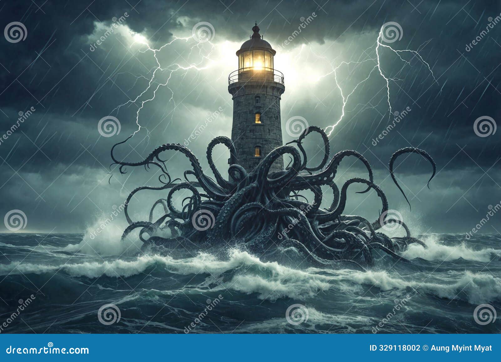 Fantasy Image of Mythical Creature, Krakens, Attack the Lighthouse ...