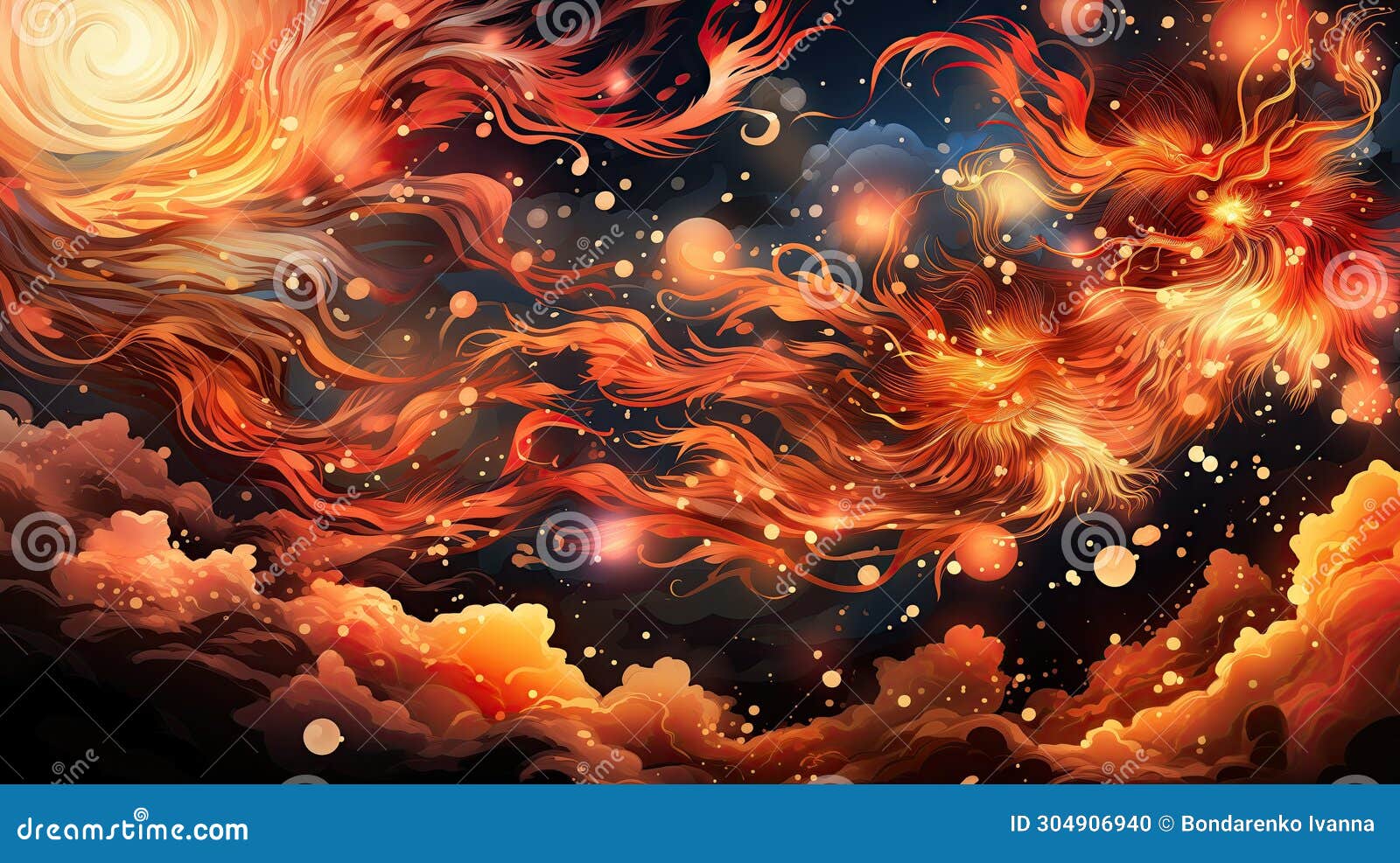 Fantasy Image of Skyline with Moon and Mystery Lights and Fire Stock ...