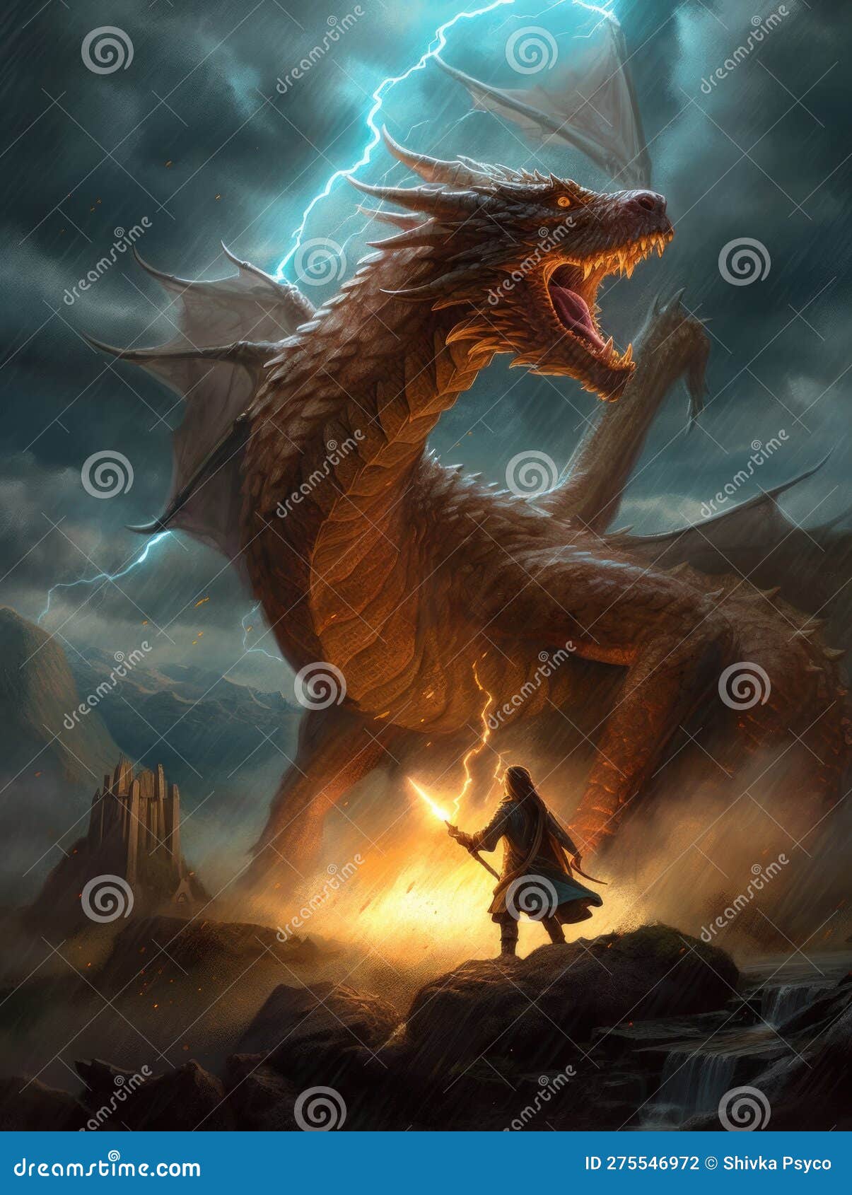 Fantasy Image of a Wizard Battling a Fierce Dragon Generative AI Stock ...