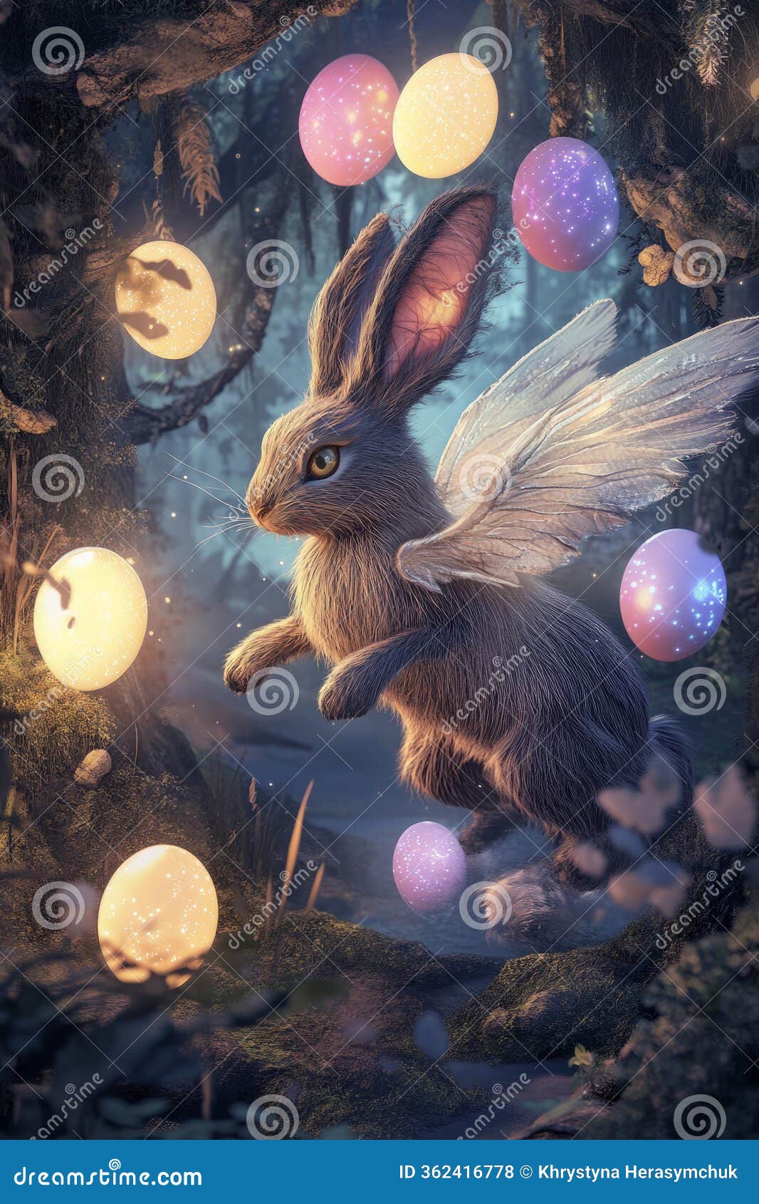 A Fantasy-inspired Easter Bunny with Wings, Surrounded by Glowing ...
