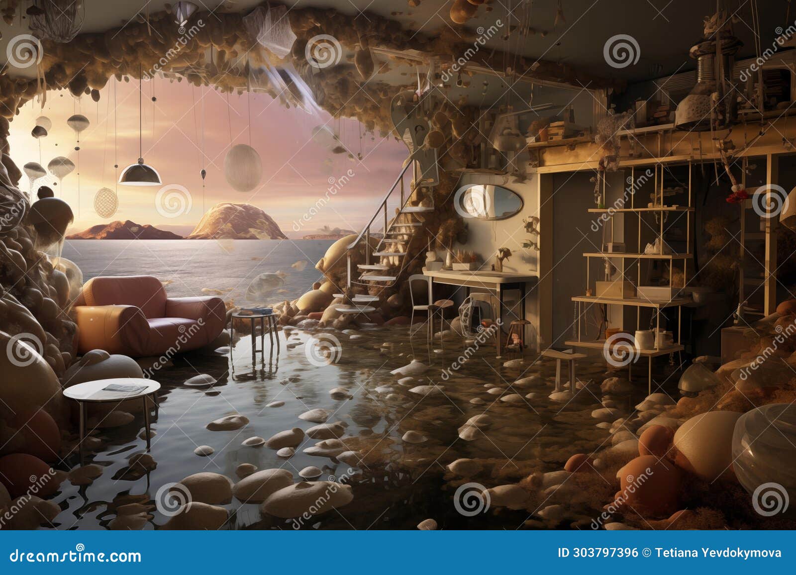 Fantasy Interior with a Sea and a Cave. Hyper Realistic Illustration ...