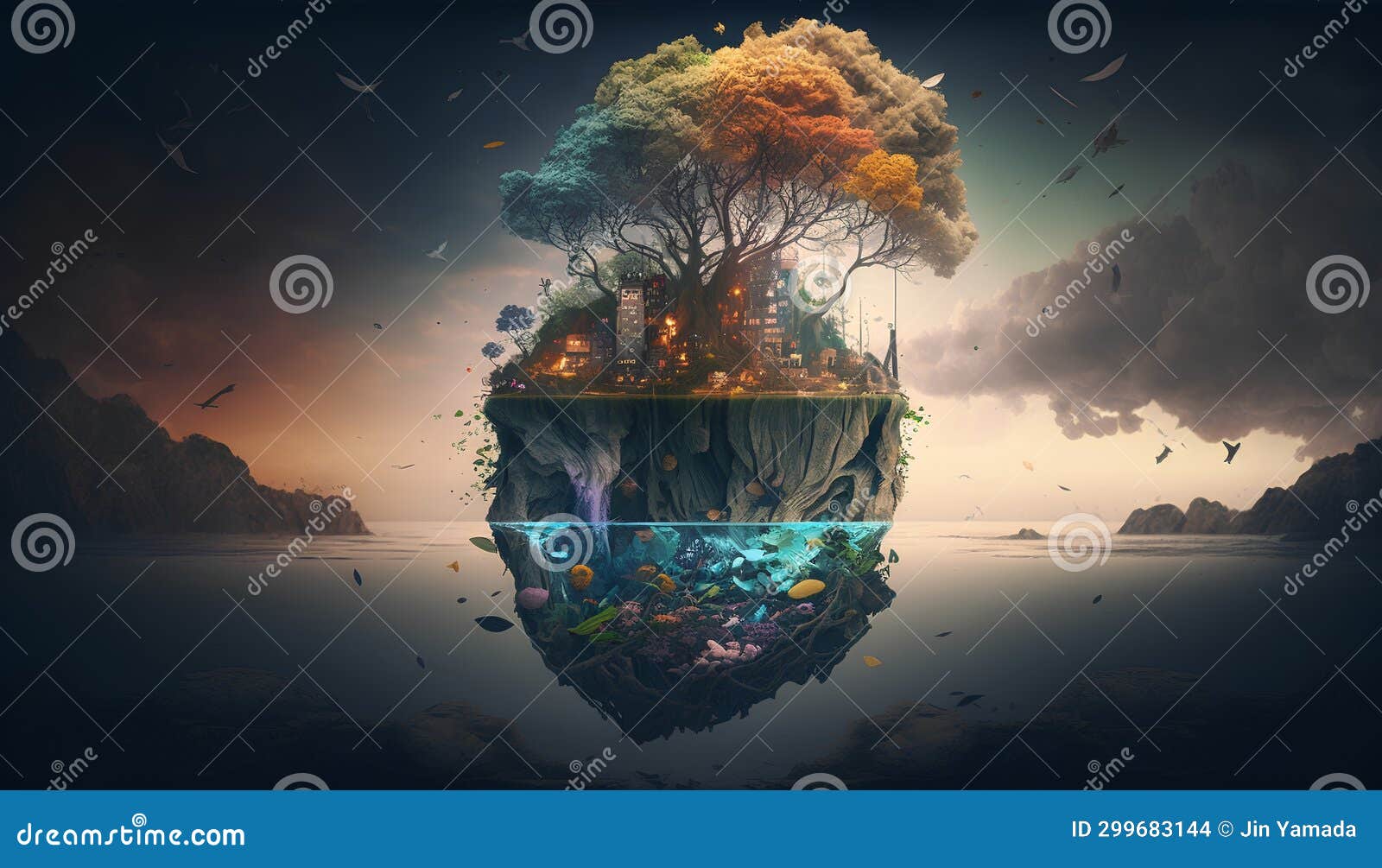 Fantasy Island in the Sea with a Beautiful Magic Tree. 3d Render Stock ...