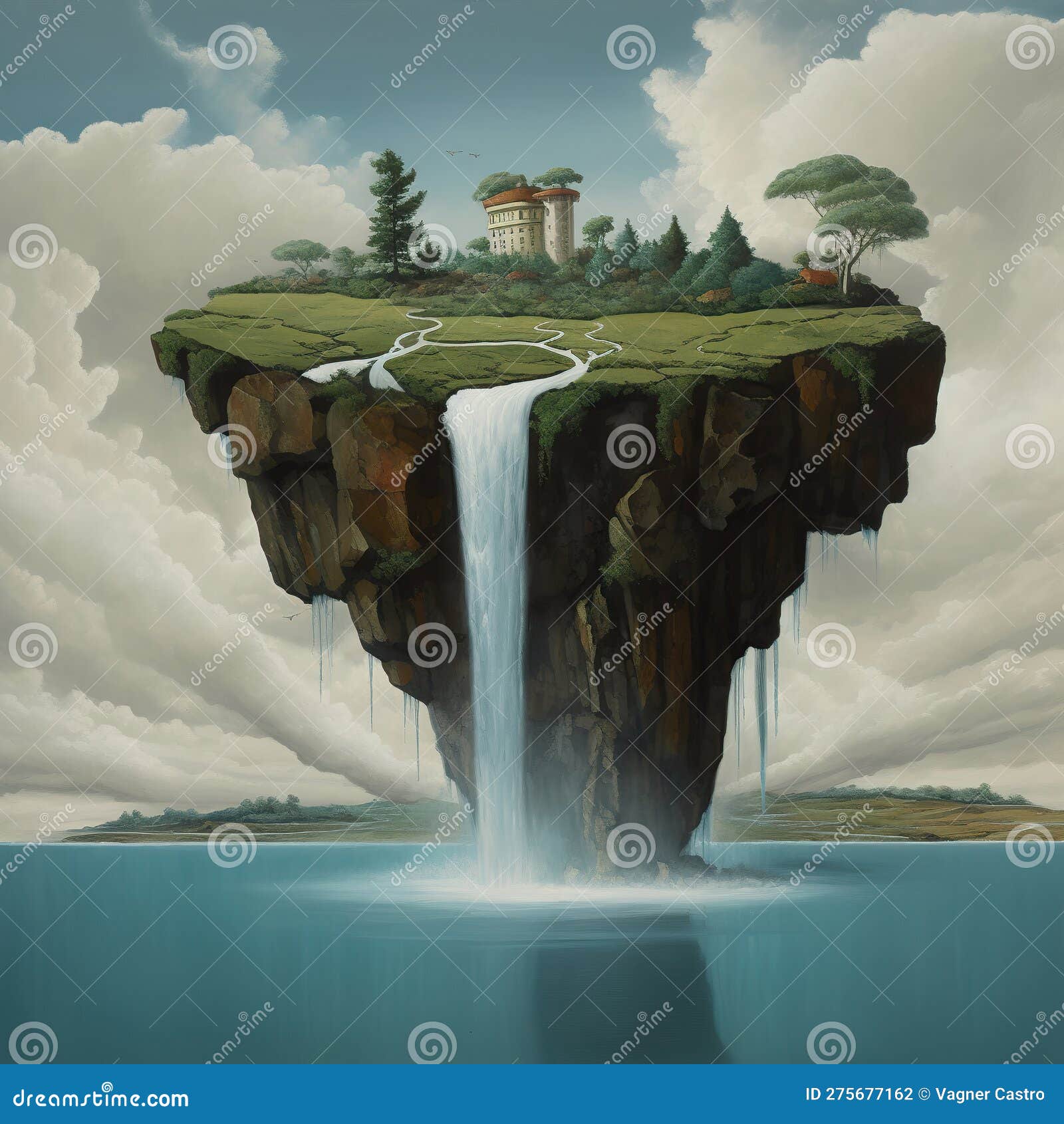 Fantasy Island with Waterfalls 3d Illustration Elements Stock ...