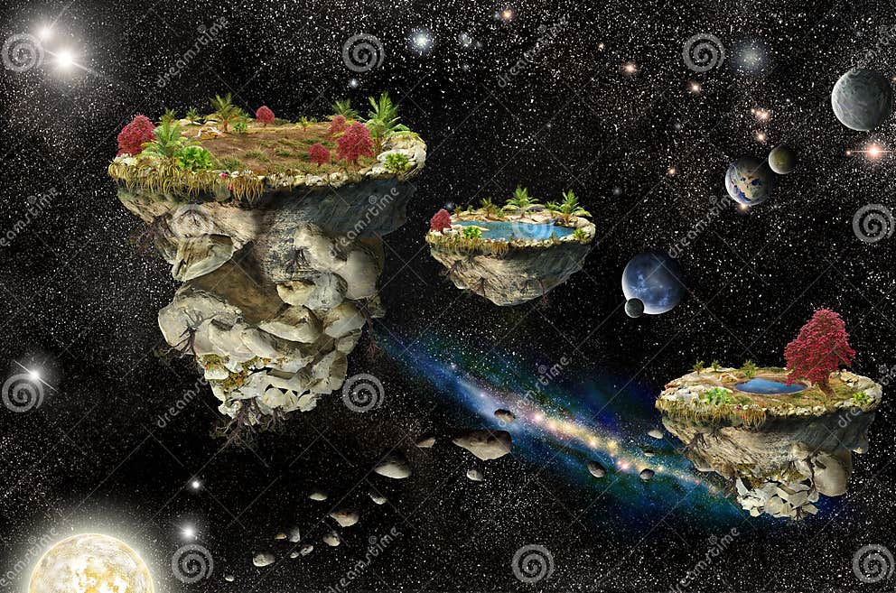 Fantasy Islands in space stock illustration. Illustration of celestial ...