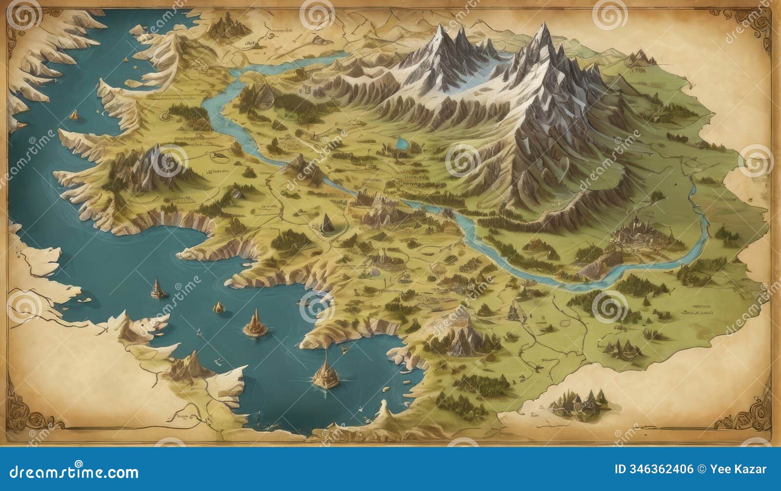 Fantasy Kingdom Map - Hand-Drawn Adventure Map Stock Illustration ...